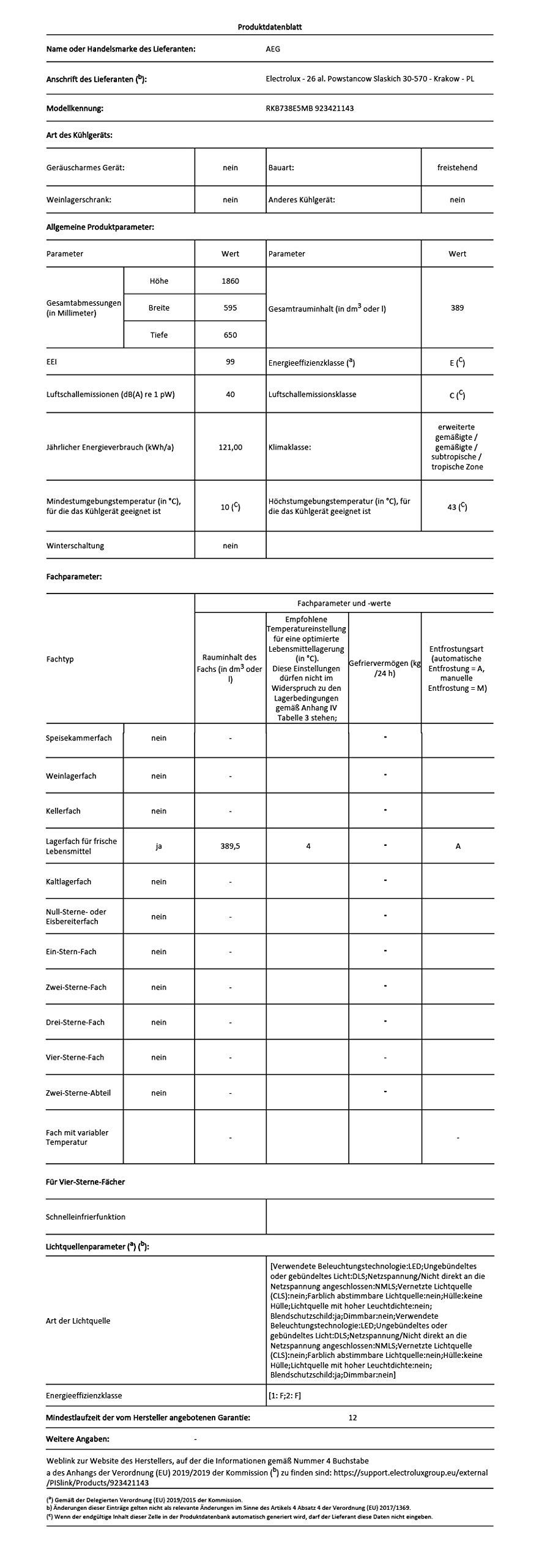 AEG RKB738E5MB Freistehender Kühlschrank / 1860 mm / Energieklasse E ...
