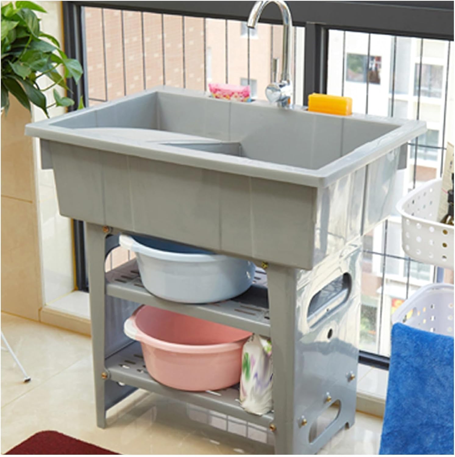 Plastic Sink, Freestanding Plastic Laundry Sink With Washboard, Indoor ...