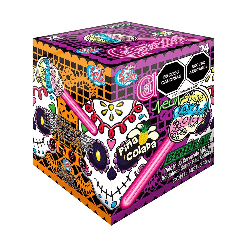 Dulces Cool Toons- Calaveritas Neón. Paquete 2 cajas (24 Paletas 14grs - c/caja) Paleta de ...