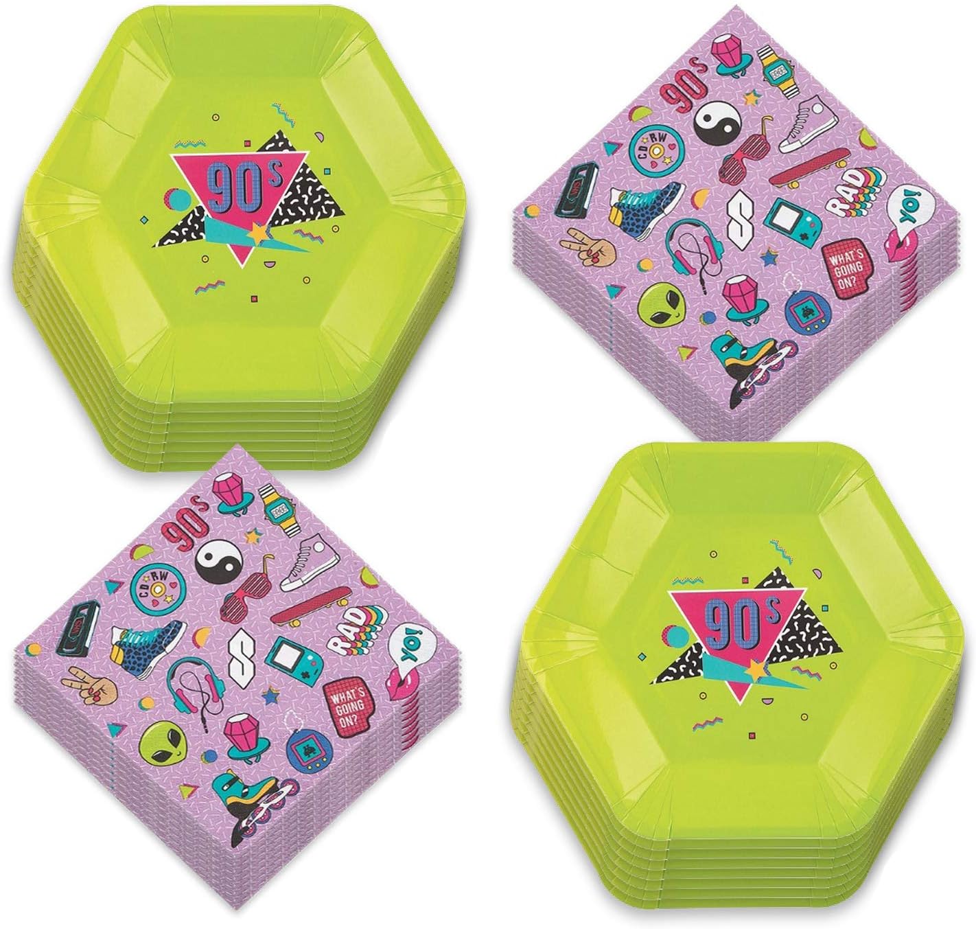 Amazon.com: 90's Decades Party Supplies - Bright Paper Dinner Plates ...