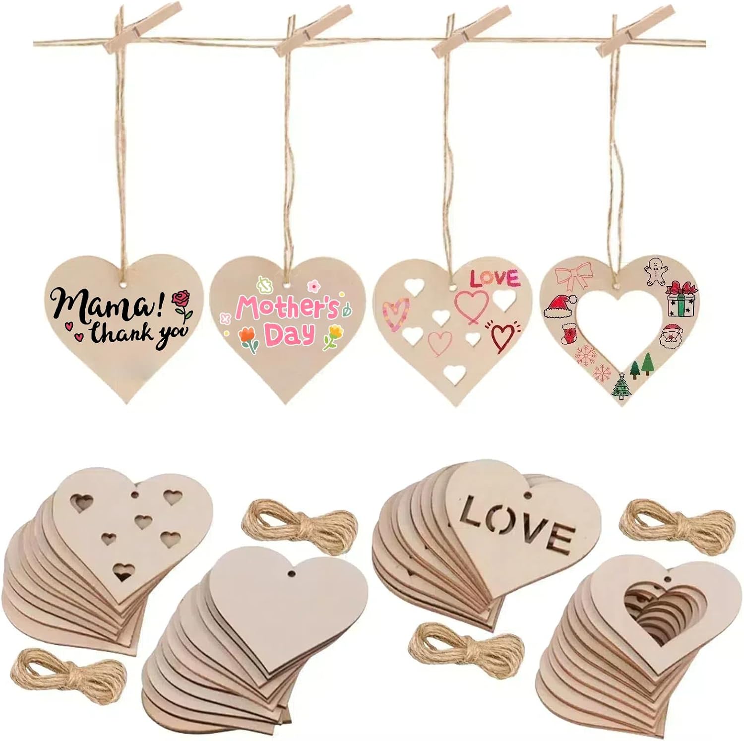 Amazon.com: 40Pcs Heart Wooden Wedding Pattern Ornaments, Unfinished ...