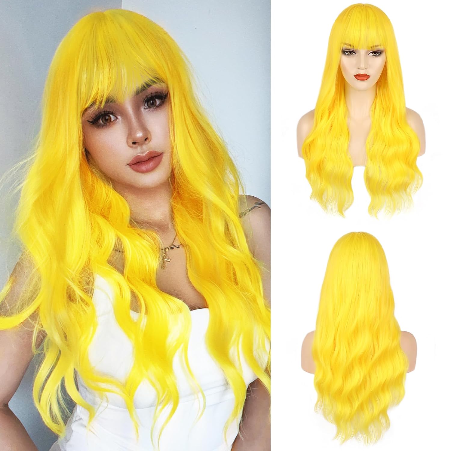 Amazon.com: ENTRANCED STYLES Yellow Wig 26inch Middle Part Wavy ...