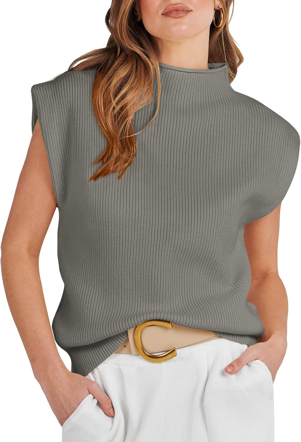 ANRABESS Women's Mock Neck Sleeveless Sweater Vest Casual Cap Sleeve ...