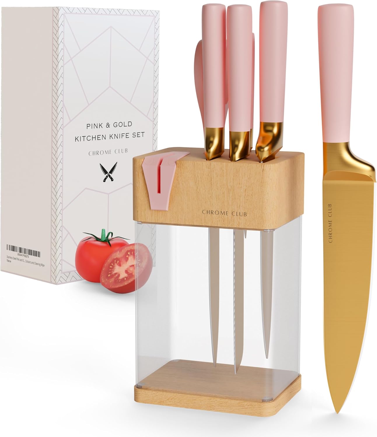 Amazon.com: CHROME CLUB Stainless Steel Pink Knife Set with Block - 7 ...
