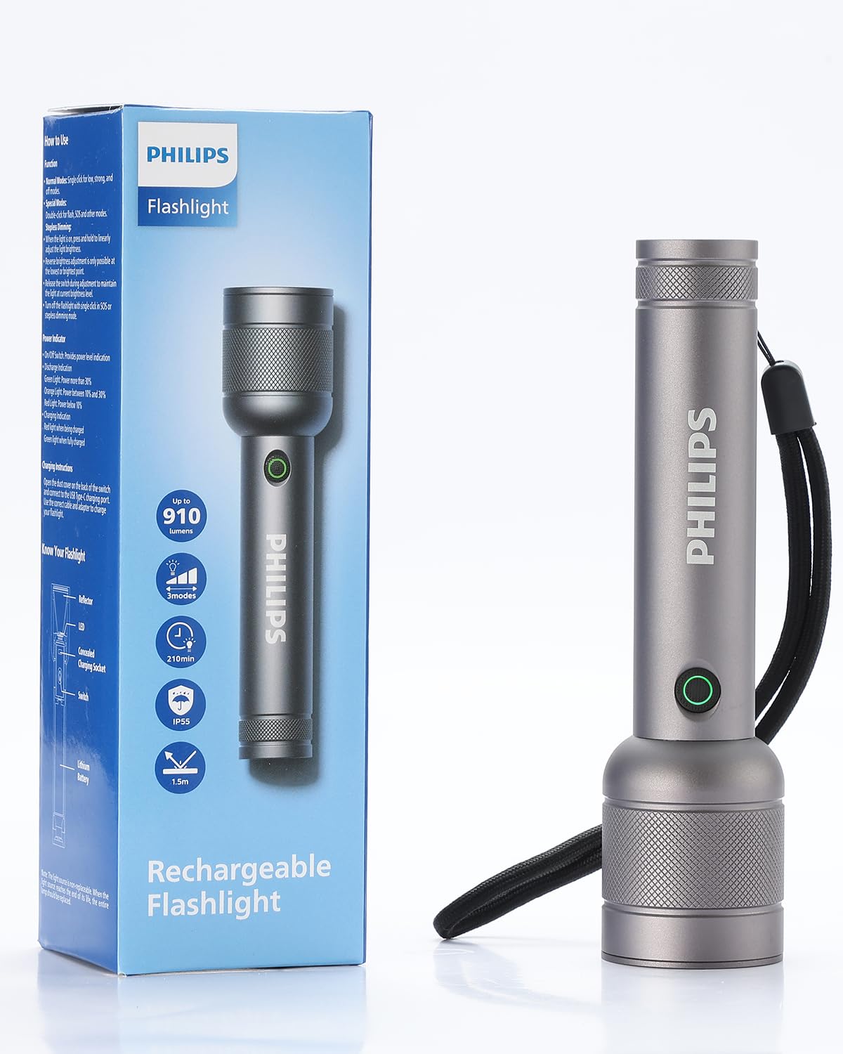 PHILIPS Portable Torch Light, 910LM Rechargeable LED Flashlight with 3 ...