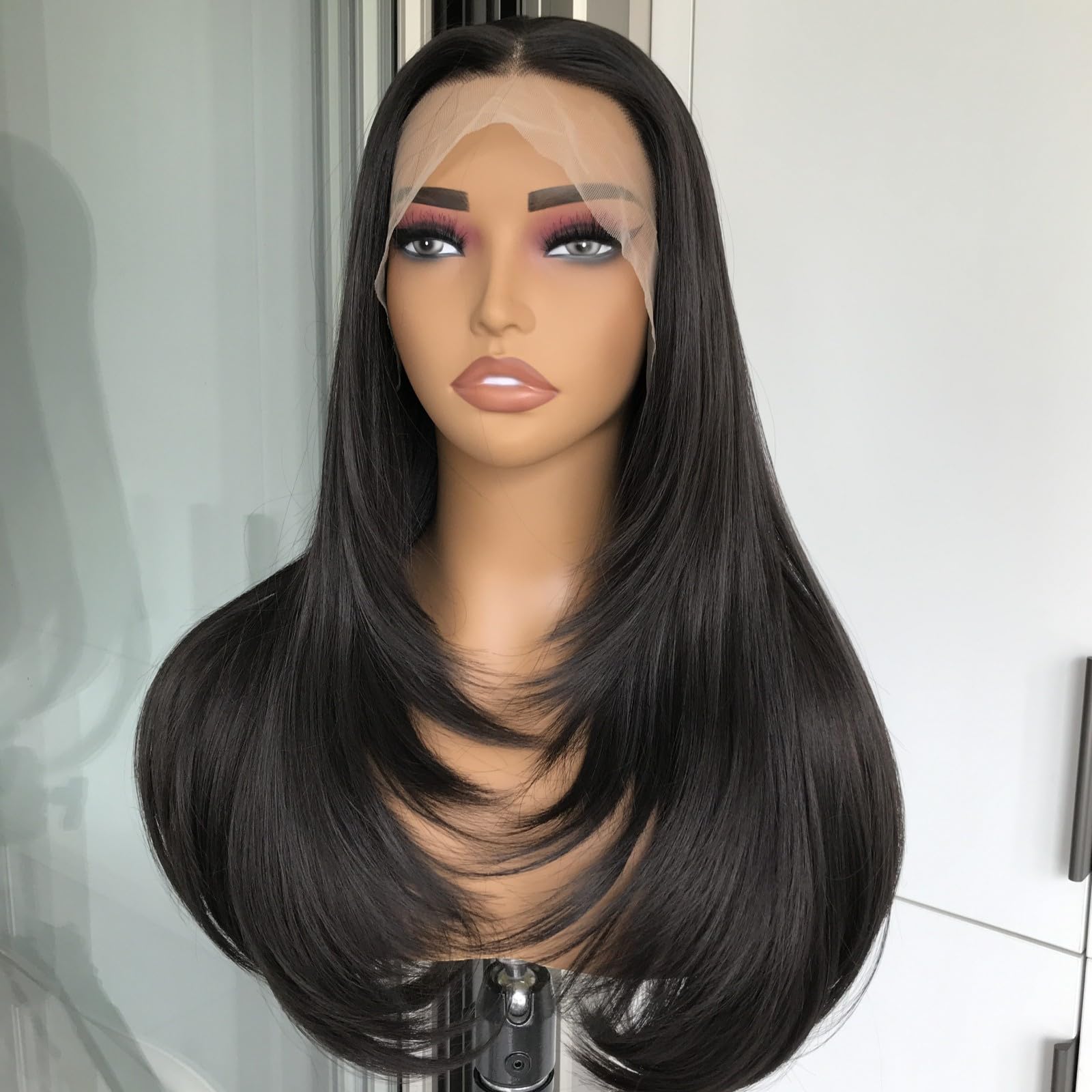 Amazon.com : mytonecoo Natural Black Straight Layered Wig 13x4 ...