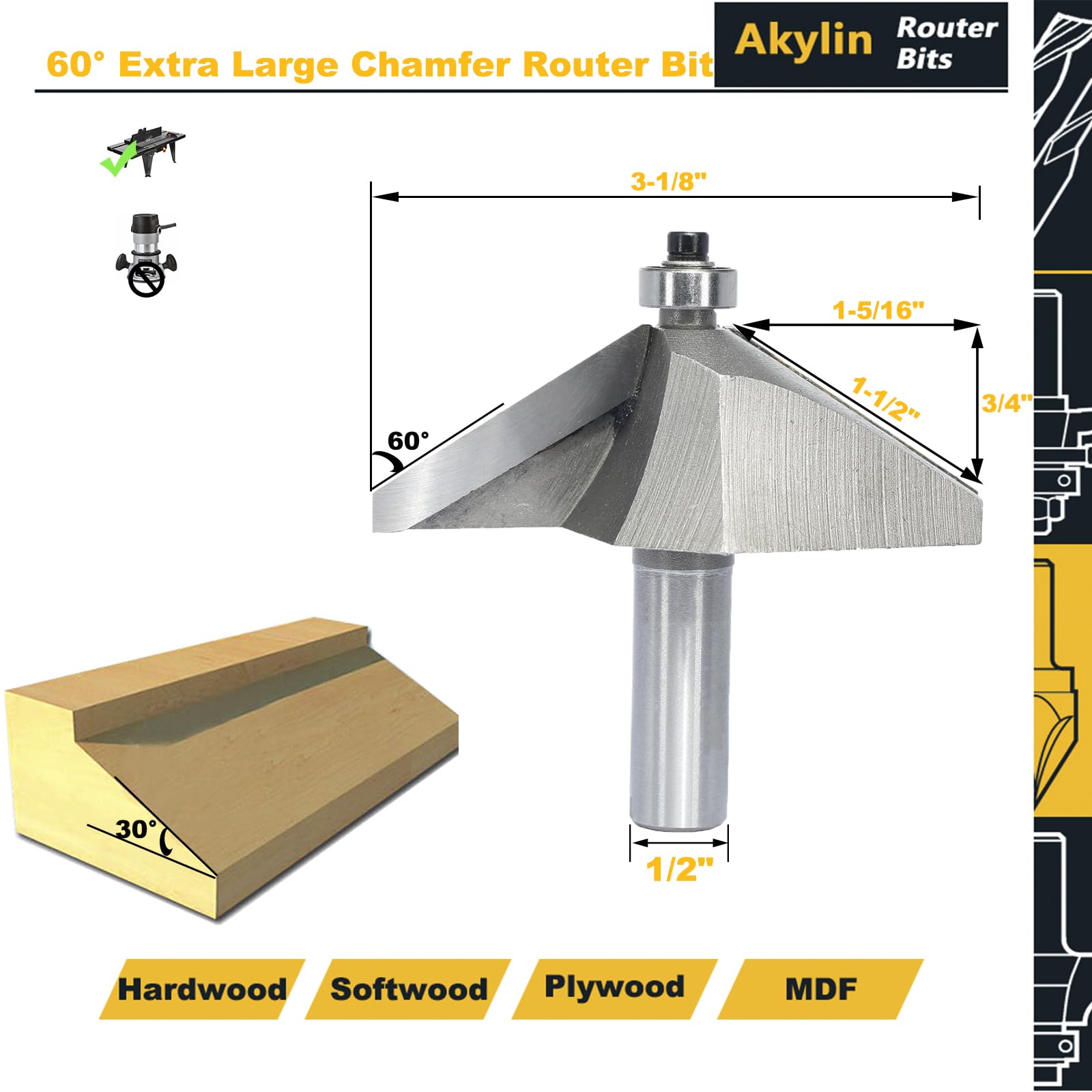 Snapklik.com : Akylin 60 Degree Extra Large Chamfer Router Bit,1/2 ...