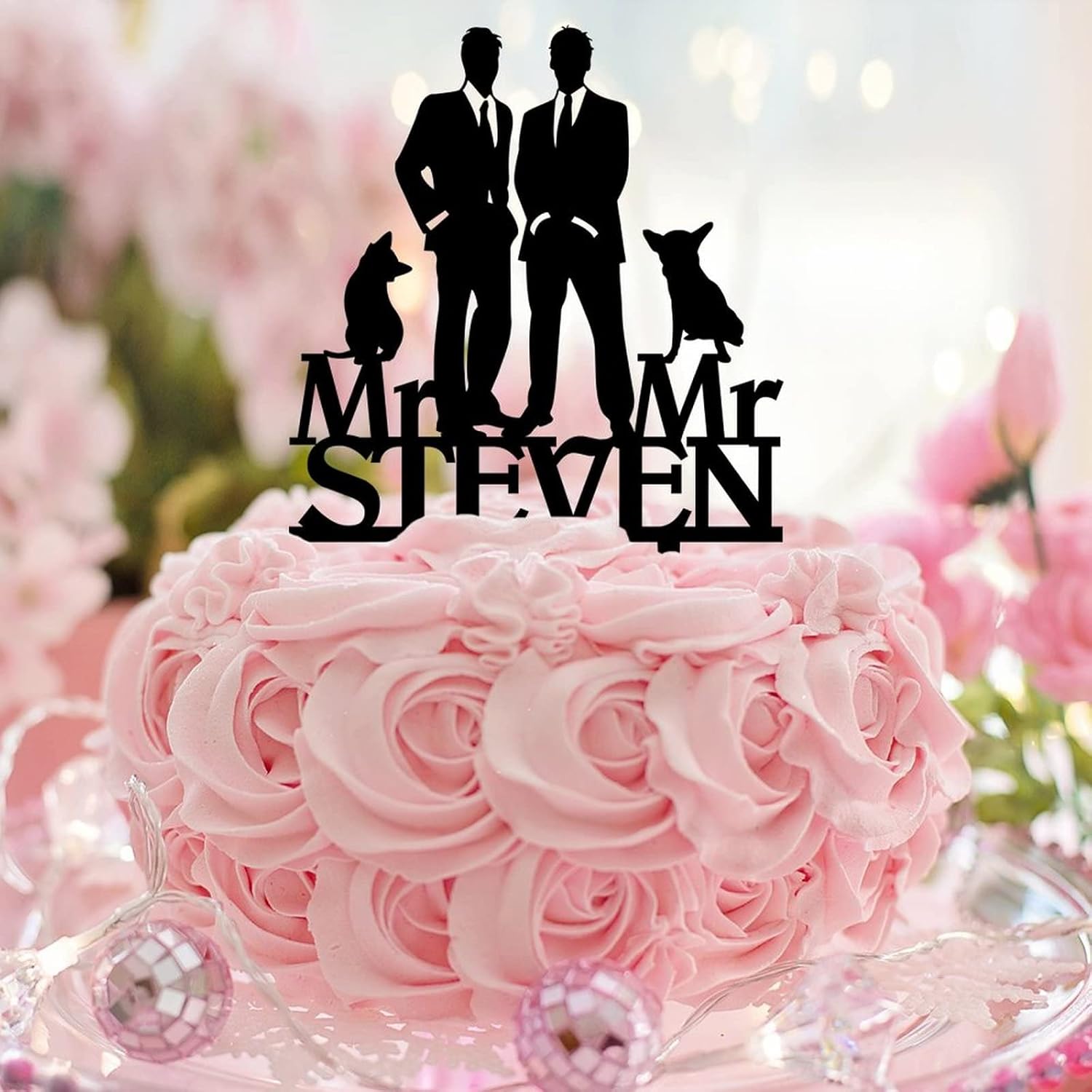 Amazon.com: Gay Couple Cake Topper With Dog Cat Silhouette Elegant ...