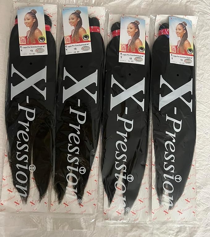 X-PRESSION COLOUR 1B, 4 PACKS XPRESSION 46 INCH PRE STRETCHED/PRE PULLED XPRESSION LAGOS BRAIDS ...