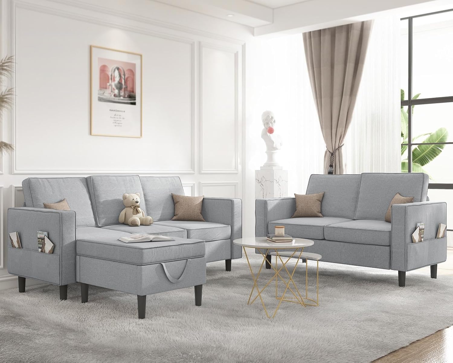 Amazon.com: Mjkone 3 Pcs Sectional Sofa Couch Set with Solid Wooden ...