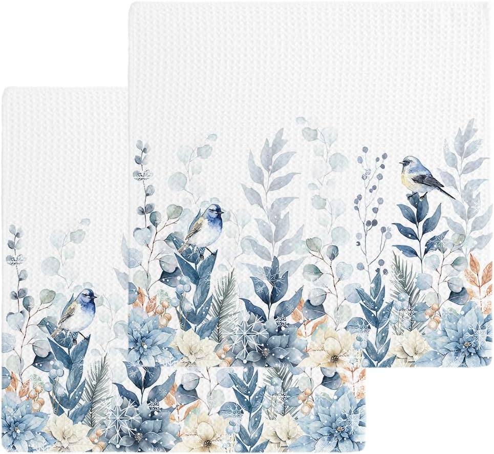 Amazon.com: Watercolor Leaves Bird Kitchen Towels Blue Flower Gradient ...