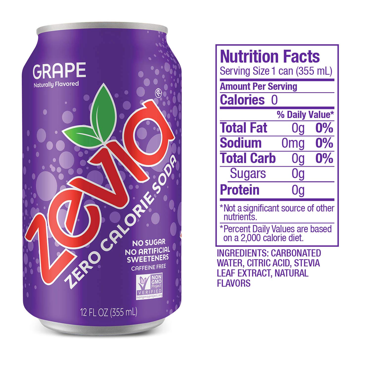 Zevia Zero Calorie Soda, Grape, Naturally Sweetened Soda, (24) 12 Ounce Cans; Grape-flavored ...