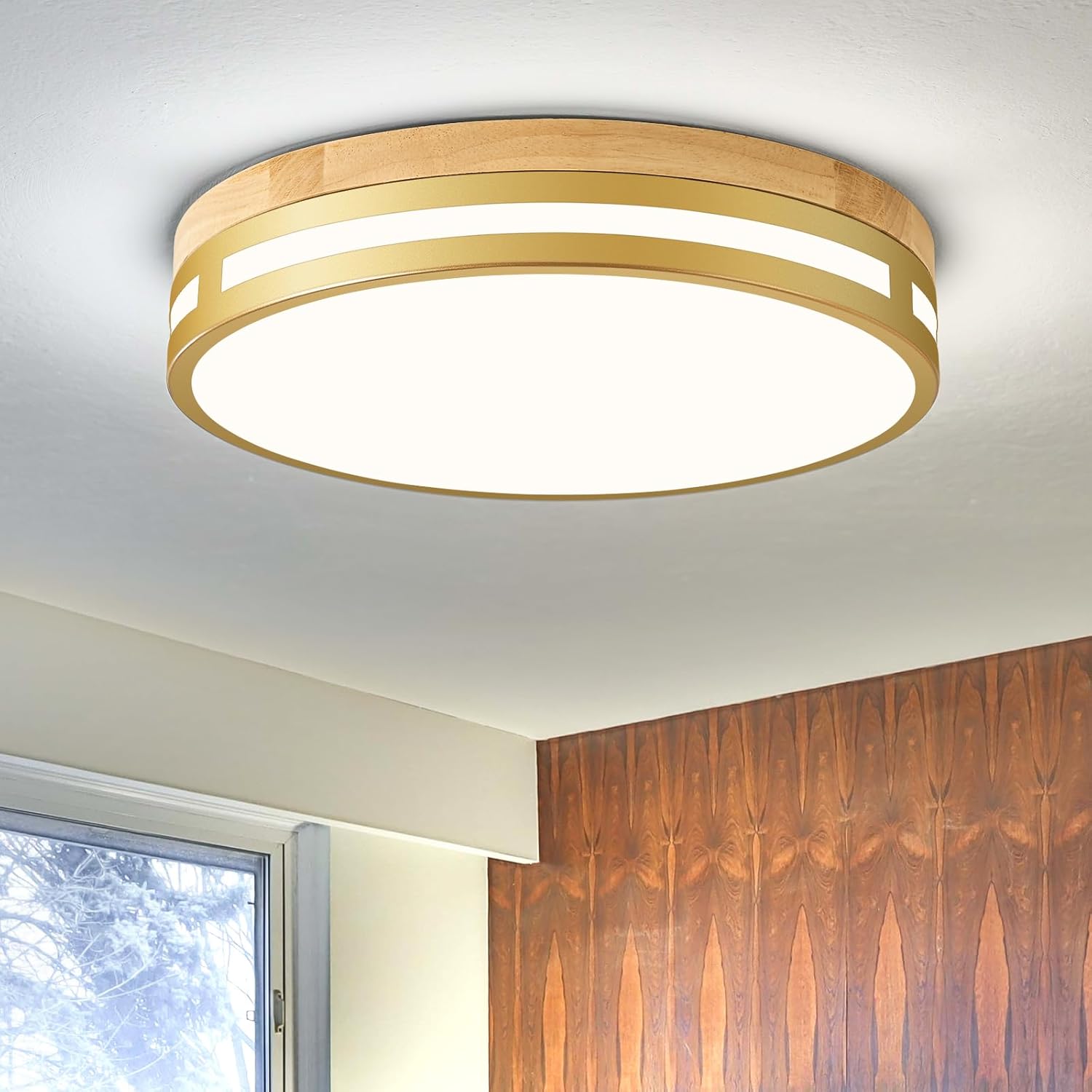 ONESMING Modern Wood Ceiling Light Fxiture, Gold LED Flush Mount ...