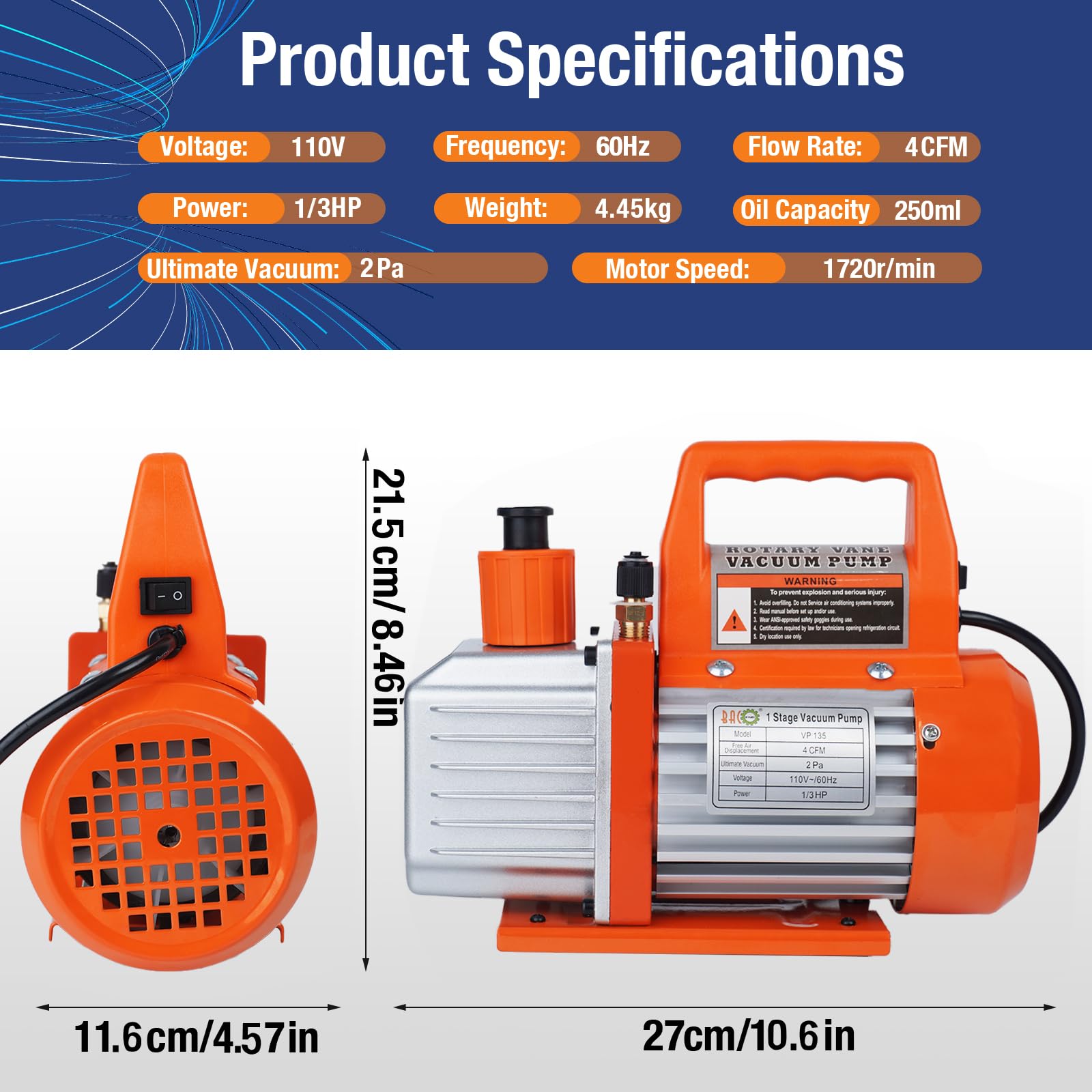 Snapklik.com : 4 CFM 1/3 HP Vacuum Pump, 110V Single Stage Rotary Vane ...