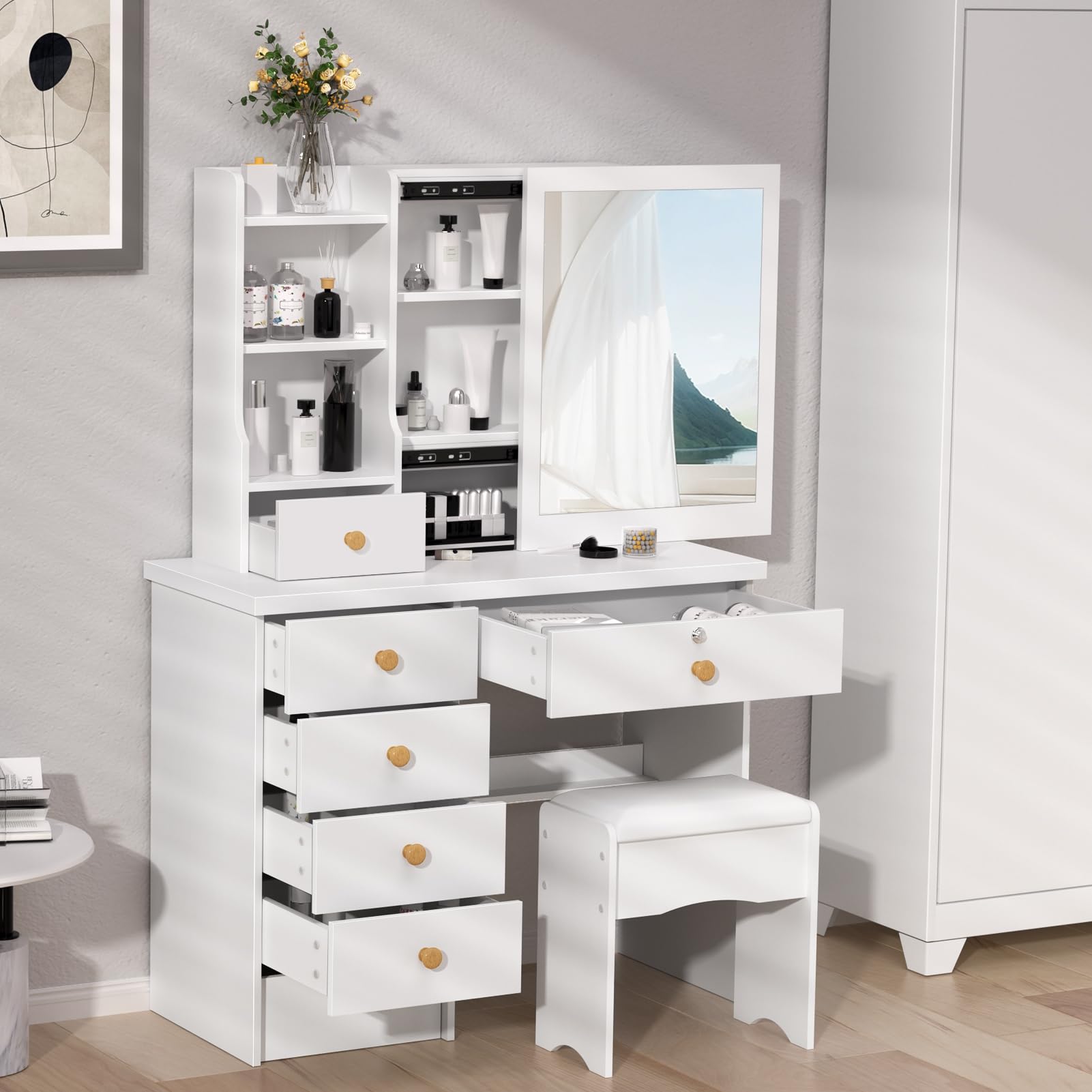 HshDUti Dressing Table & Stool Set, Vanity Table with Mirror, 6 Drawers ...