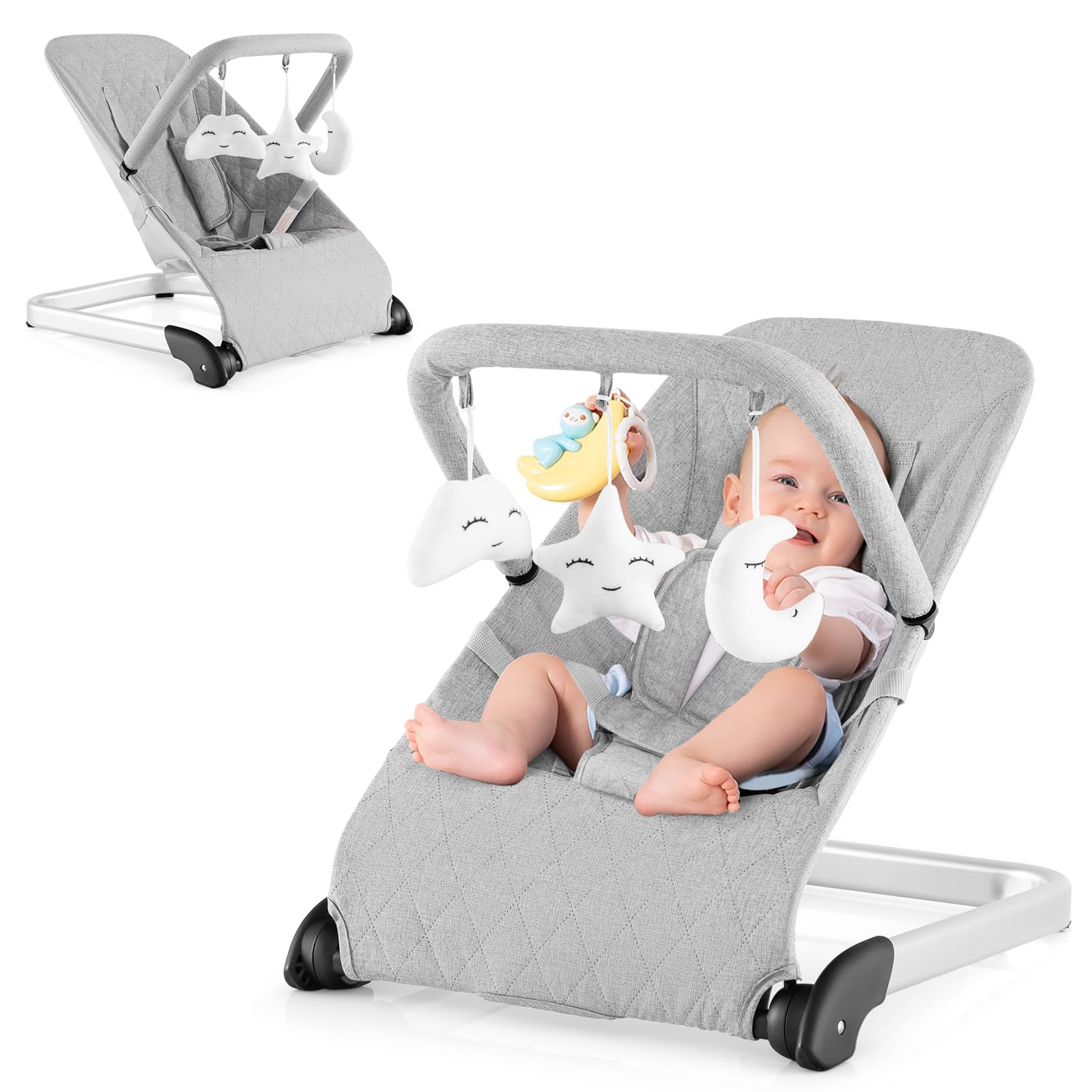 BABY JOY Baby Bouncer, Foldable Baby Rocker with 5-Point Safety Harness ...
