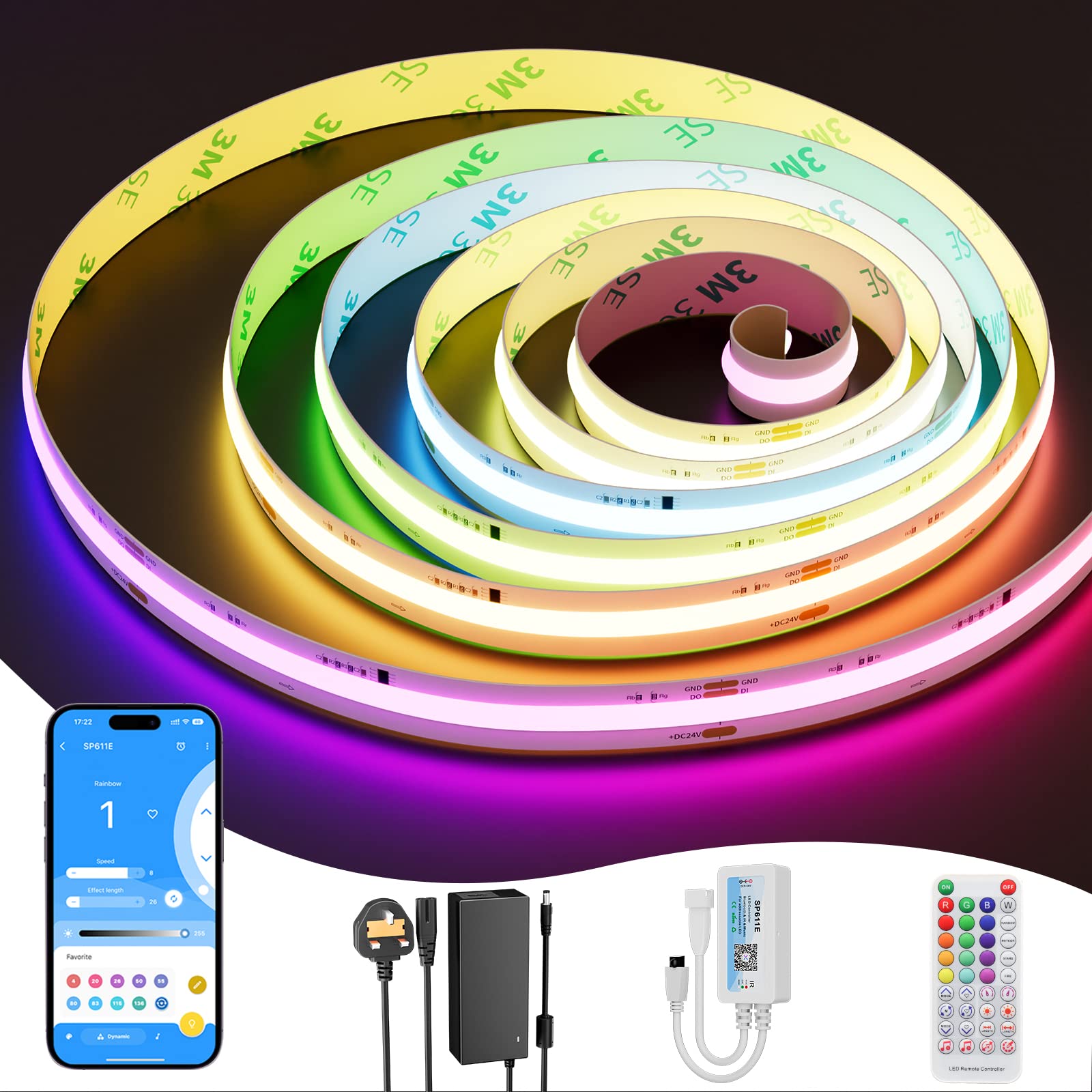 Buy PAUTIX RGBIC COB LED Strip 5M Kit, DC24V 3150LEDs Color-Changing ...