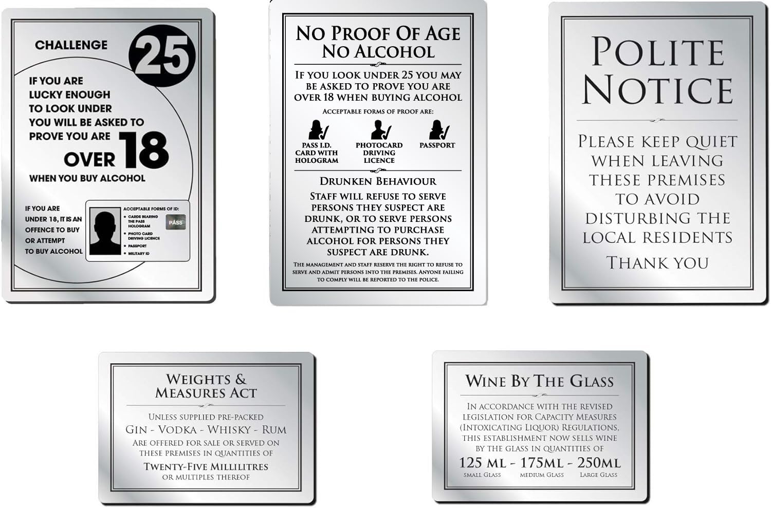 Essential Bar Licensing Sign Pack EMBLPK Pack 5 Pcs 25ml Pub Restaurant ...