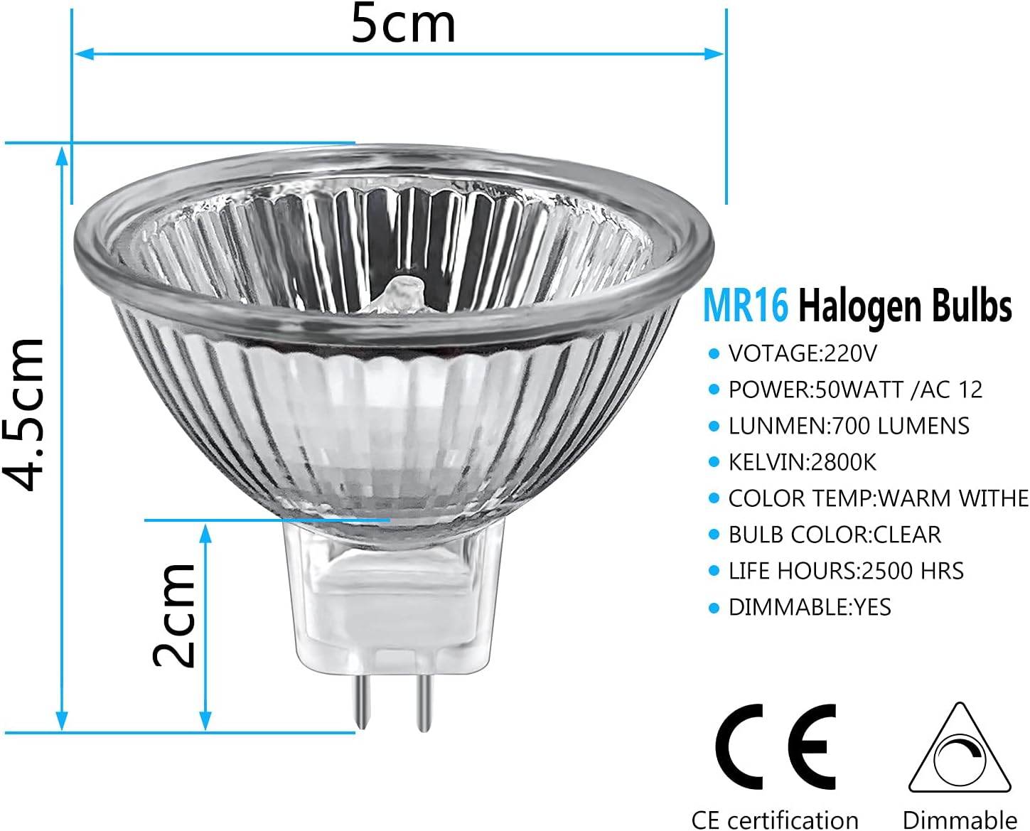 MR16 Halogen Bulbs 50W Dimmable, 12V Gu5.3 Halogen Spotlight Bulbs 2 ...