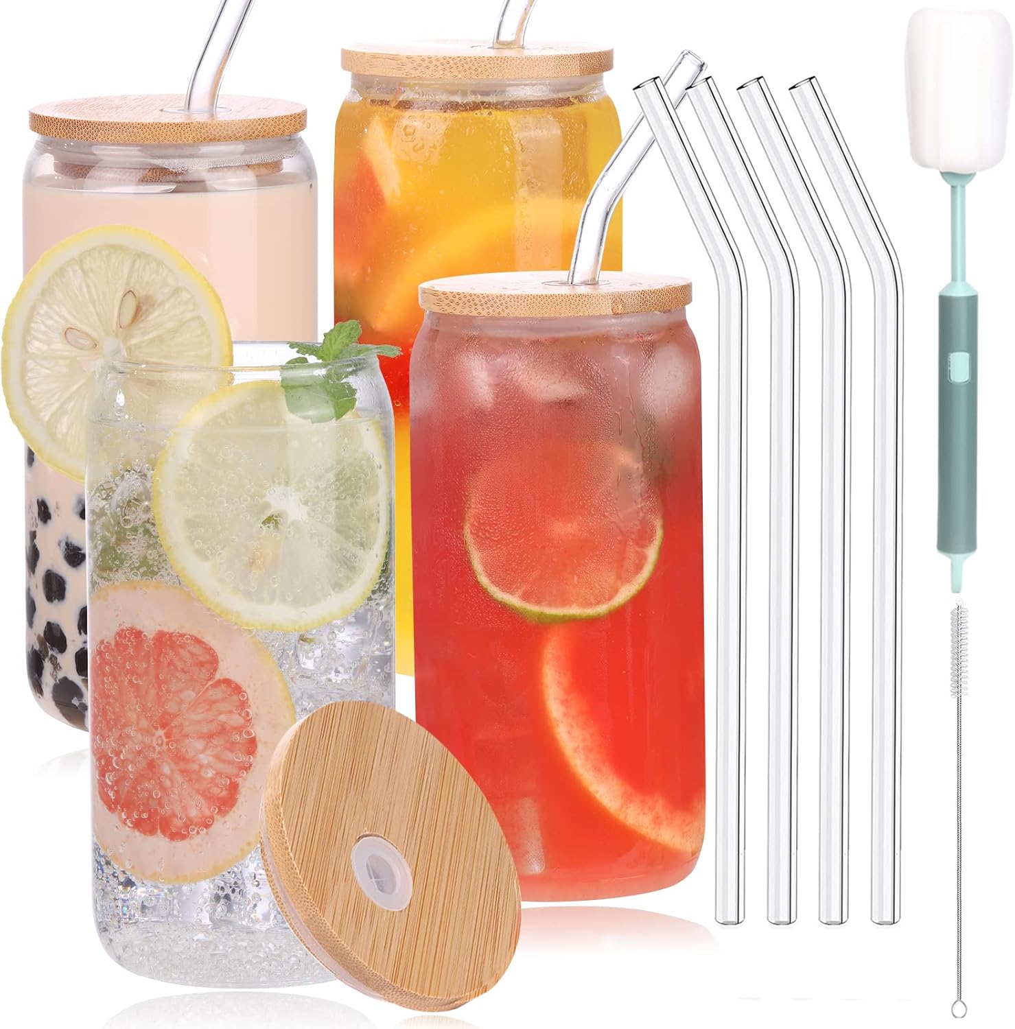 Glass Cups with Bamboo Lids and Straws 4pcs Set,16oz Wide Mouth ...