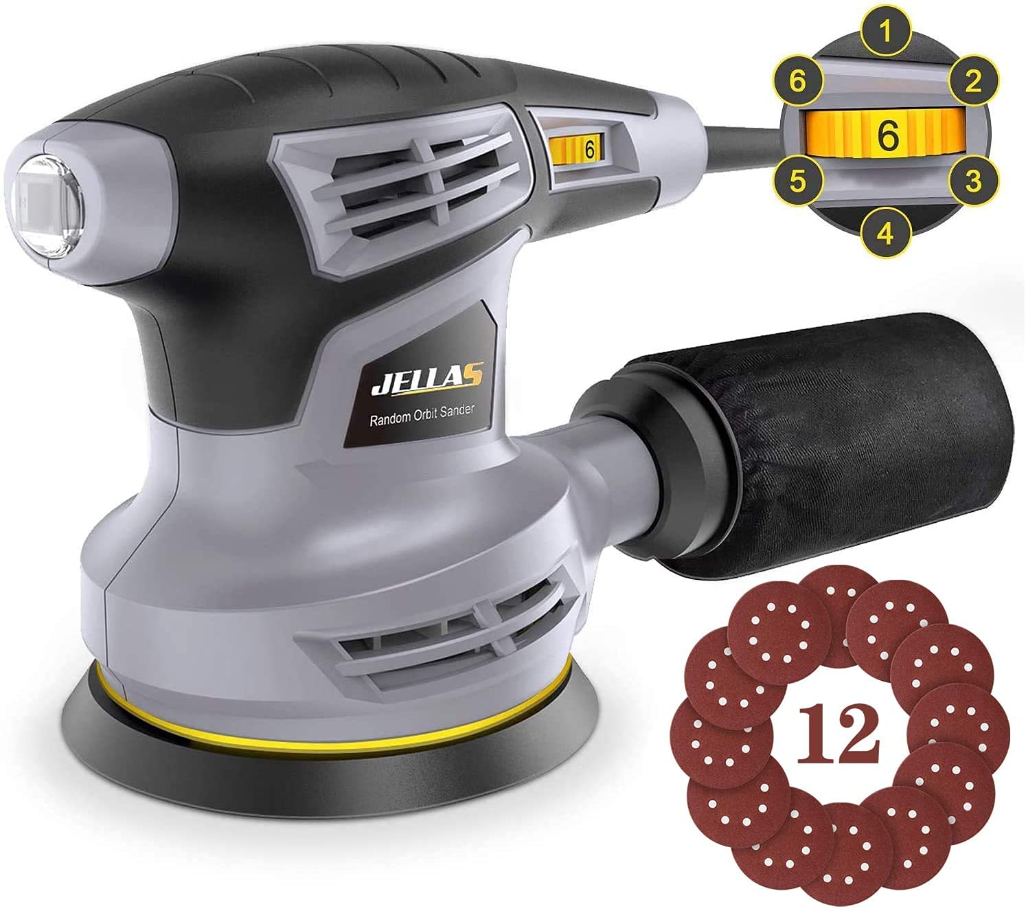 Jellas Orbital Sander, 125MM Sander Machine with 13000RPM 6 Variable ...