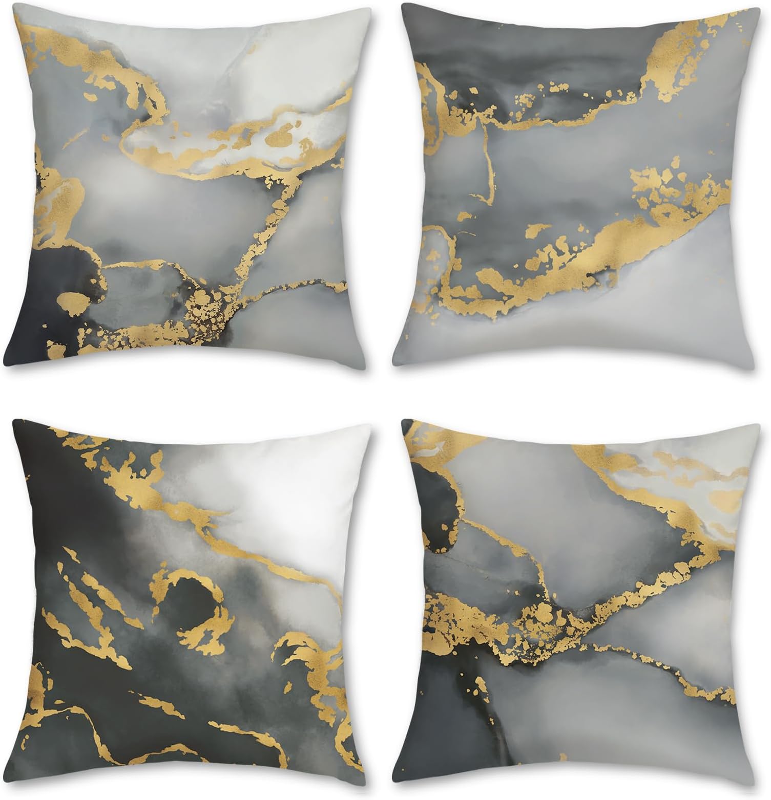 Bonhause Grey Marble Cushion Covers 45 x 45 cm Double Sided Black Gold ...
