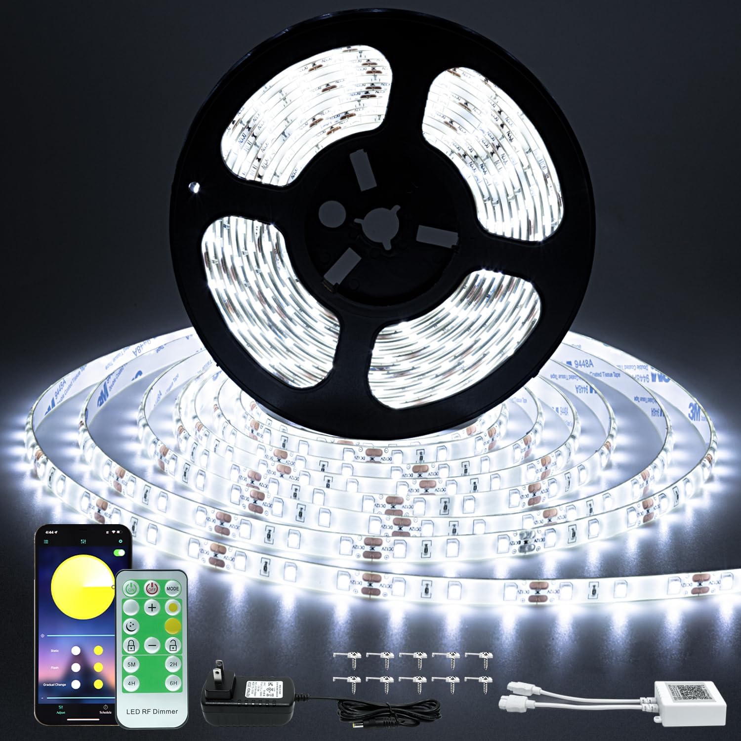 Kit de tiras de luces LED blancas sintonizables de 16.4 pies, regulables, 3000 K-6000 K, luces ...