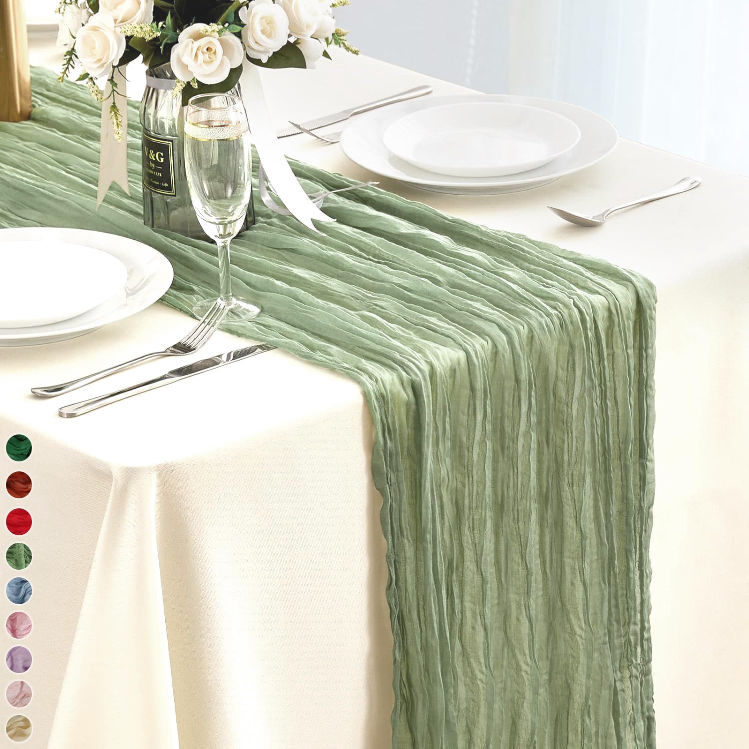 Cekene Cheesecloth Table Runner Sage Green 90x400cm Rustic Gauze Fabric ...