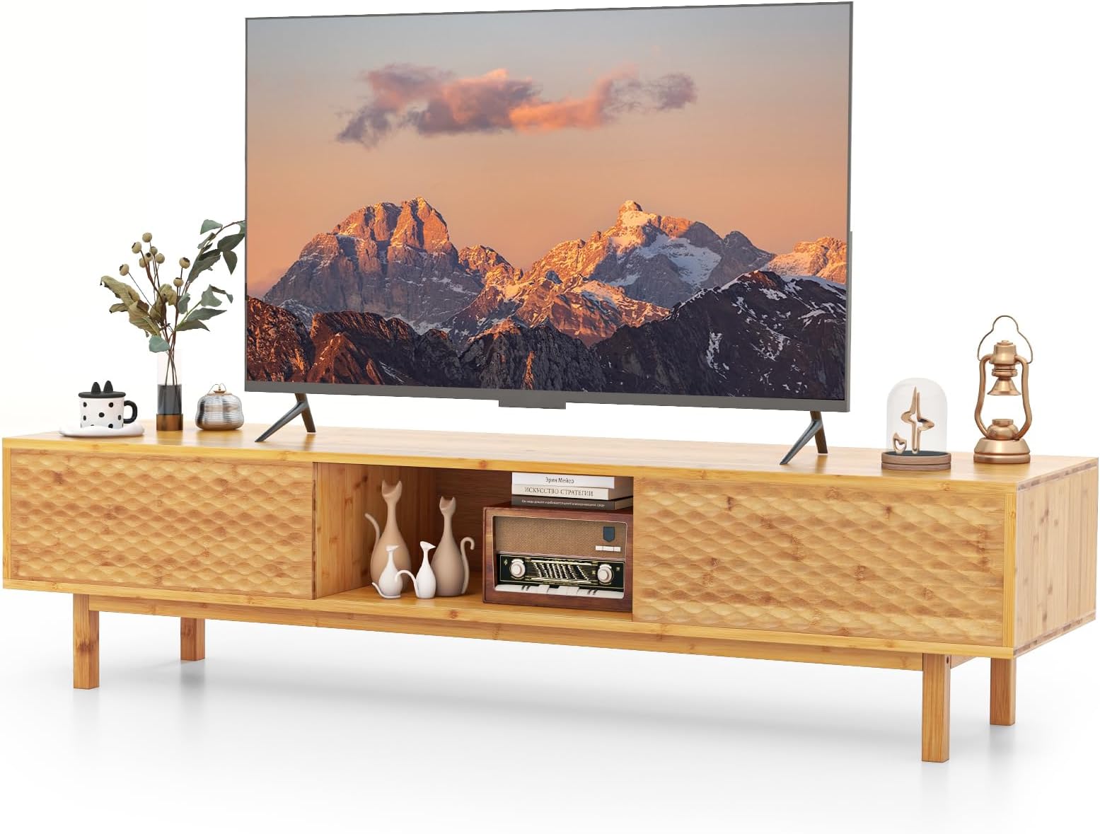 Amazon.com: Giantex Bamboo TV Stand for 55 60 65 Inch TV, PE Rattan ...