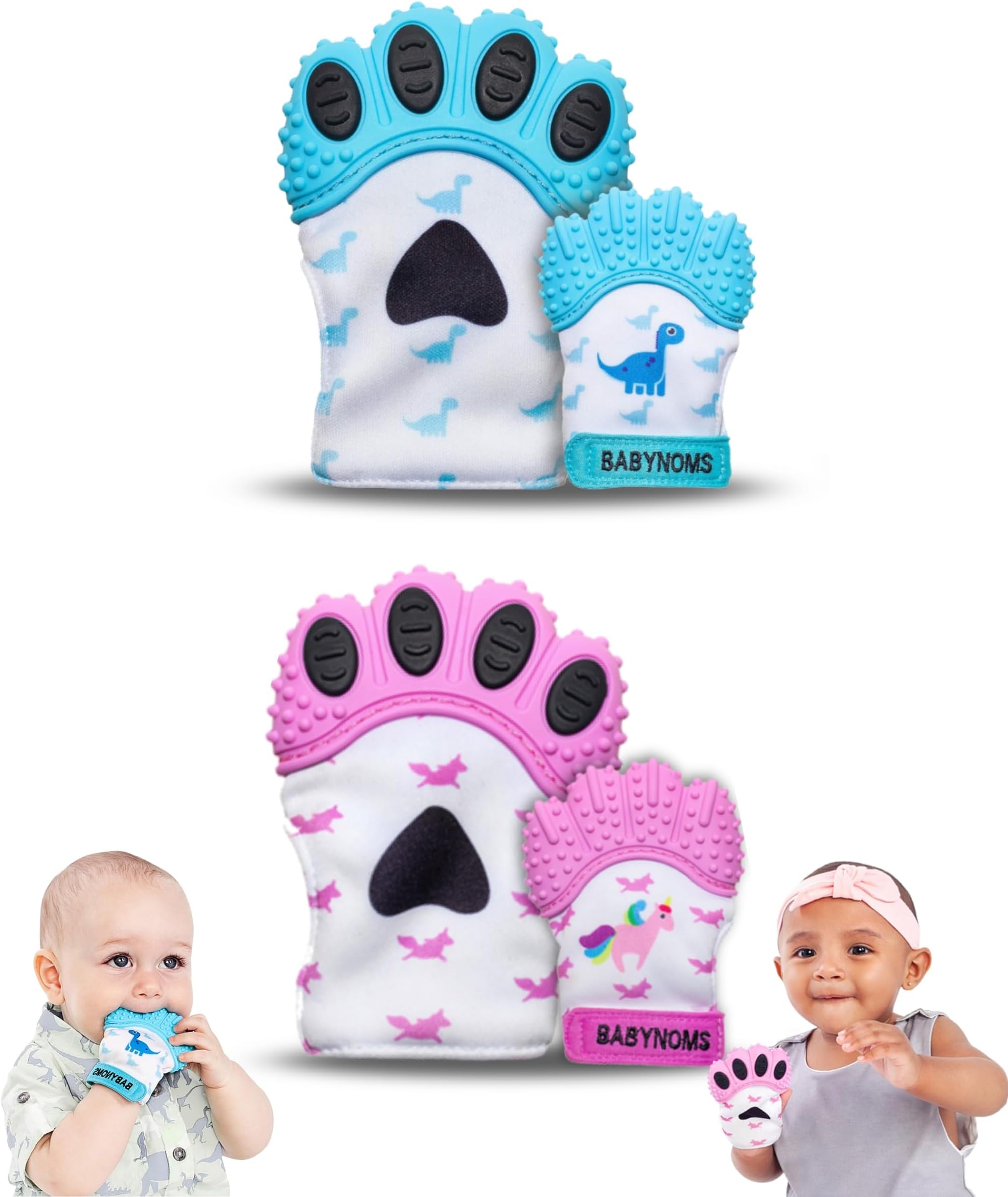 Amazon.com : BabyNoms ® Teething Mitten Bundle | Dino Blue & Pink ...