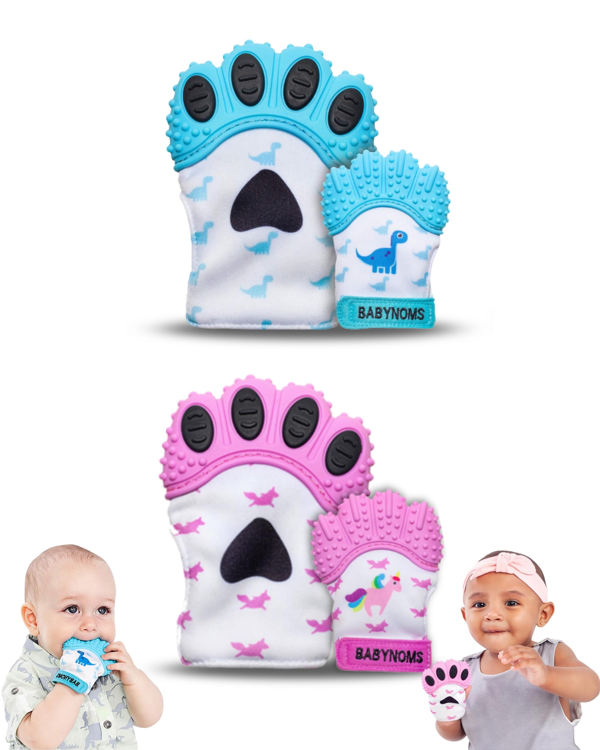 Amazon.com : BabyNoms ® Teething Mitten Bundle | Dino Blue & Pink Unicorn Teether Paws : Baby
