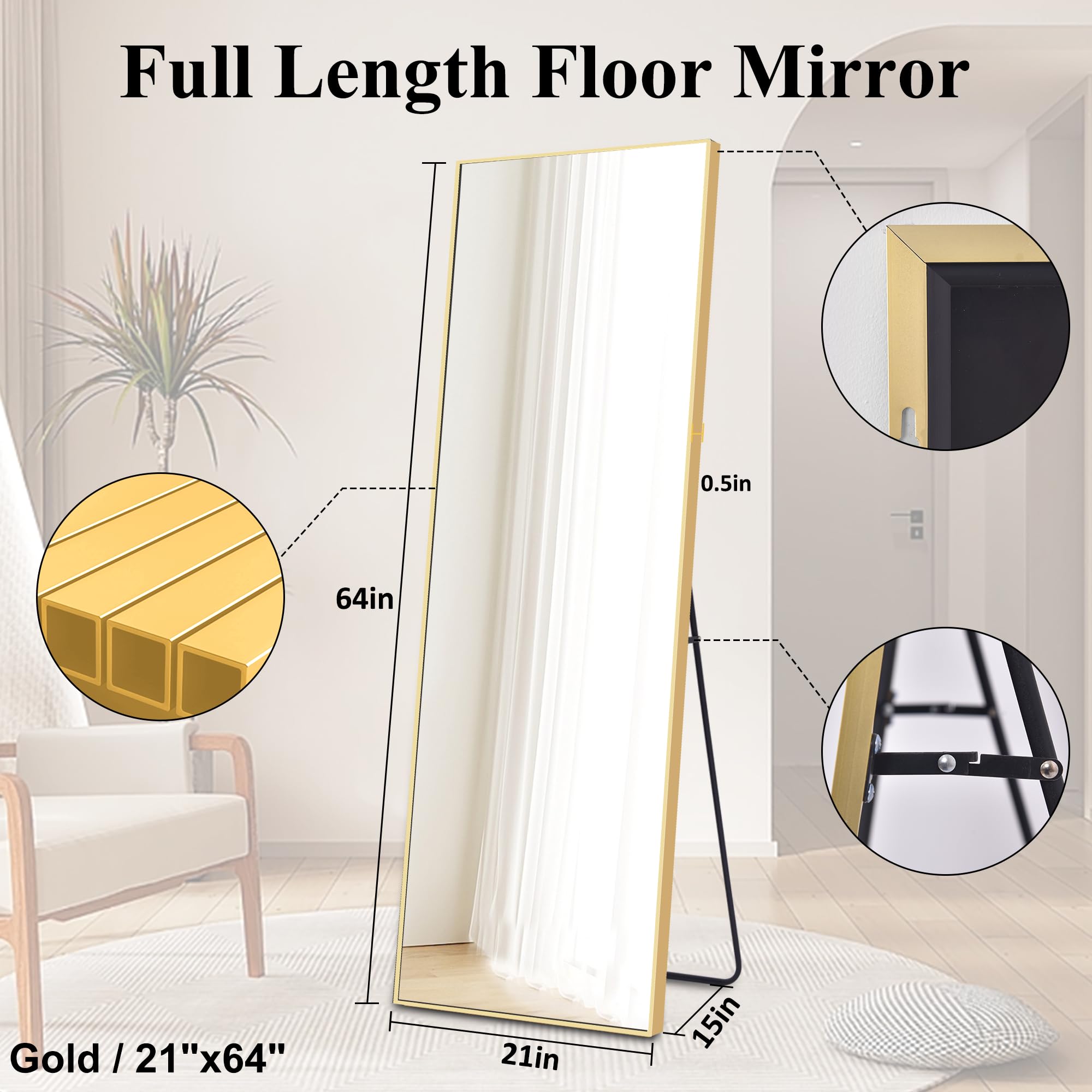 NISHCON Full Length Mirror, 64"x21" Gold Frame Floor Mirror with Stand ...