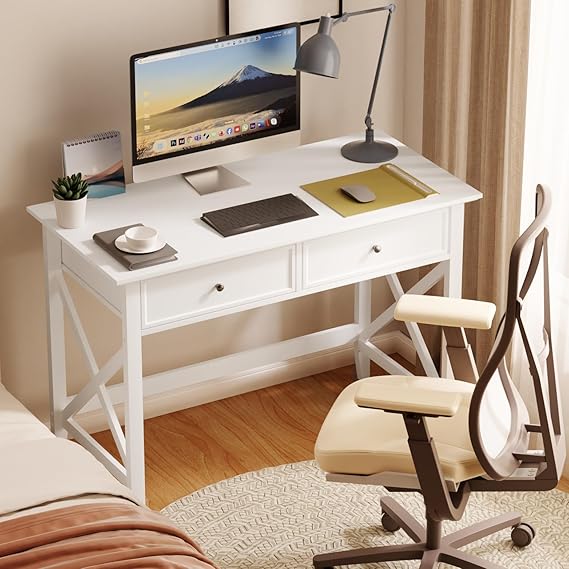 Amazon.com: Lewahom White Computer Desk with 2 Drawers, Modern Makeup ...