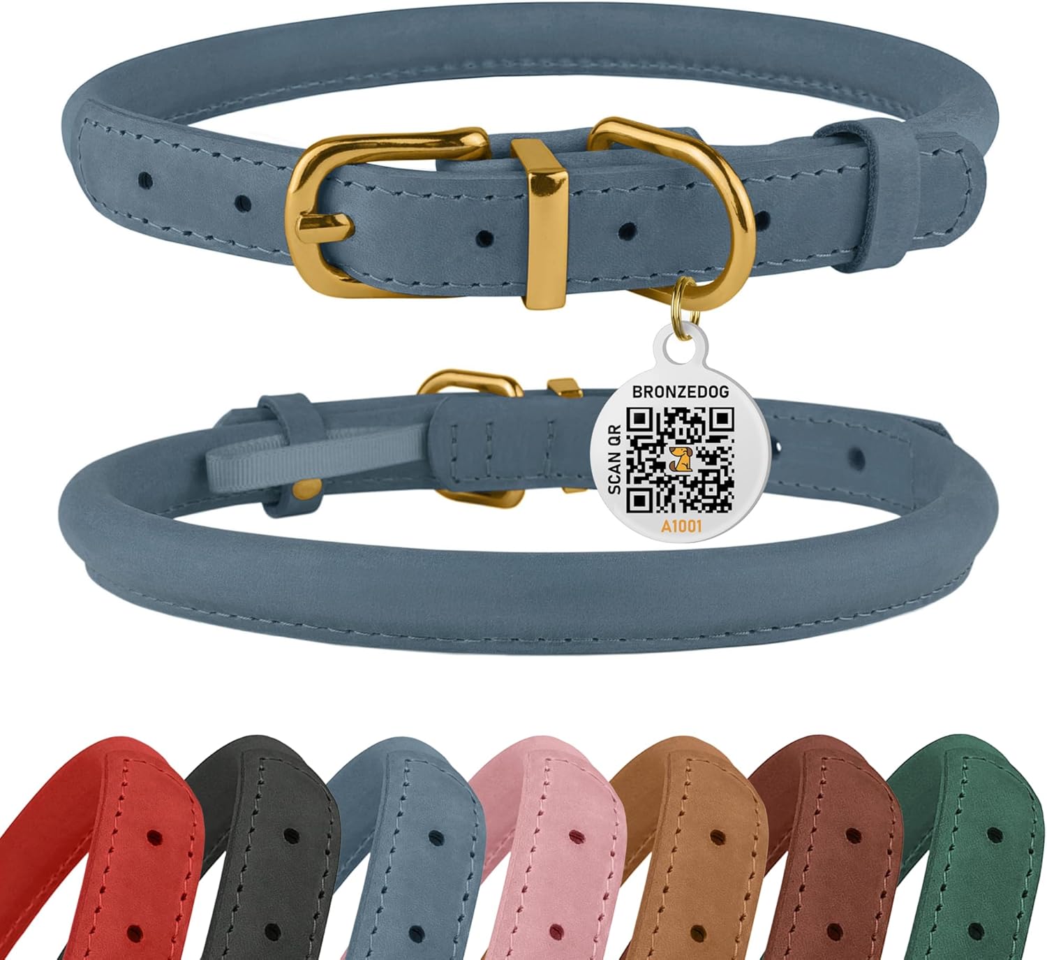 Amazon.com : BRONZEDOG Rolled Leather Dog Collar with QR ID Tag ...