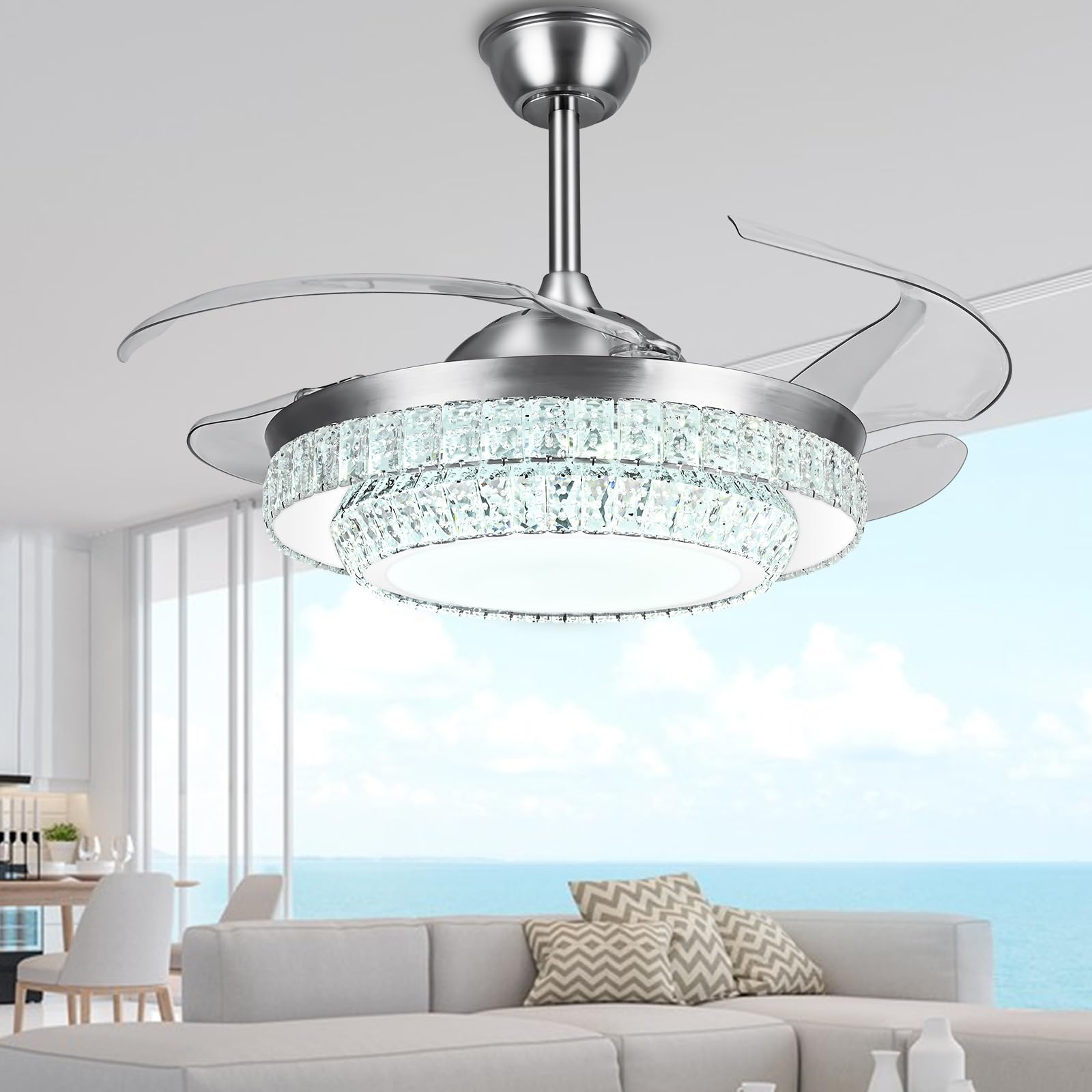 LUZHOY Retractable Ceiling Fan with Lights, 42 Inch Modern Crystal ...