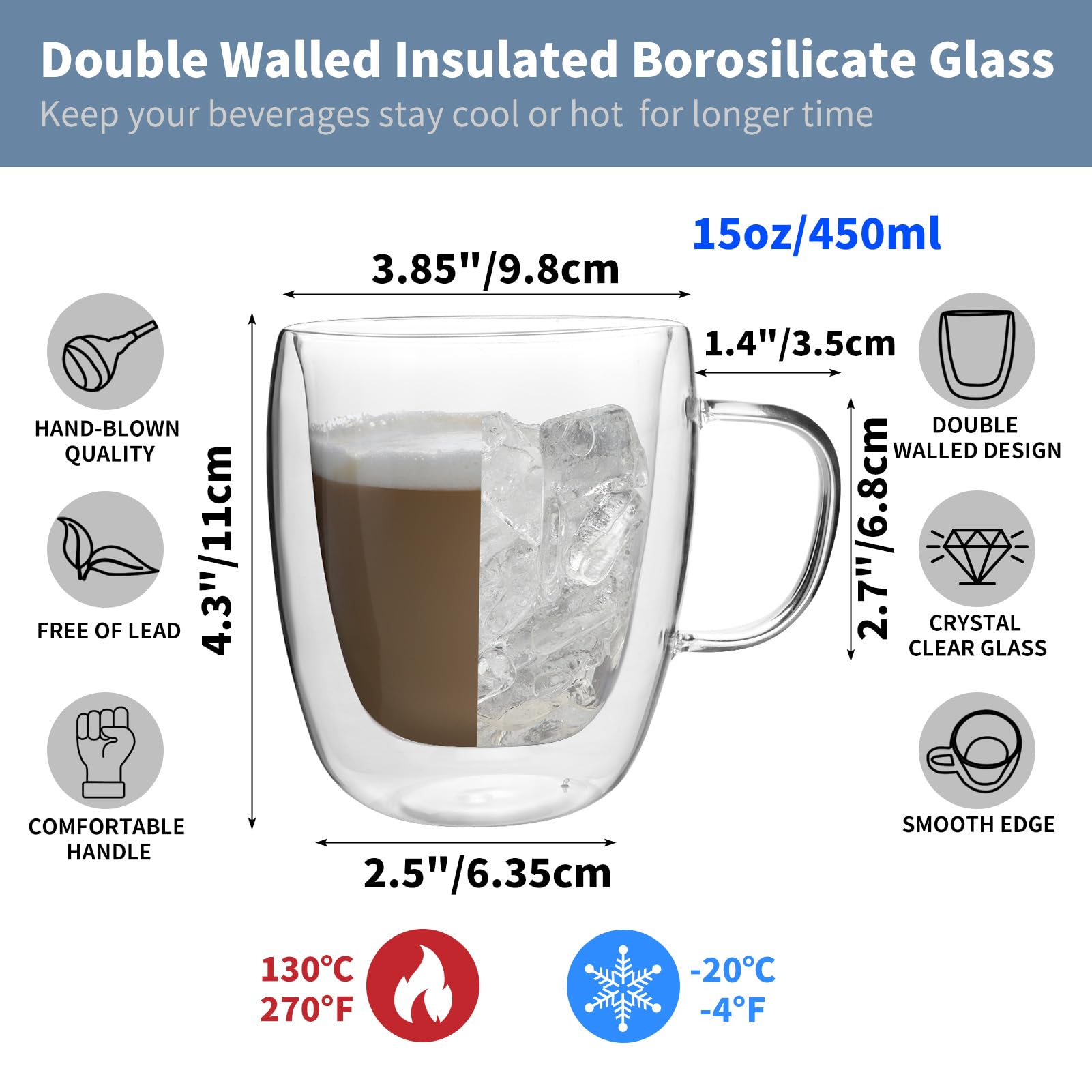 Snapklik.com : HORLIMER 15 Oz Double Walled Glass Coffee Mugs Set Of 2 ...