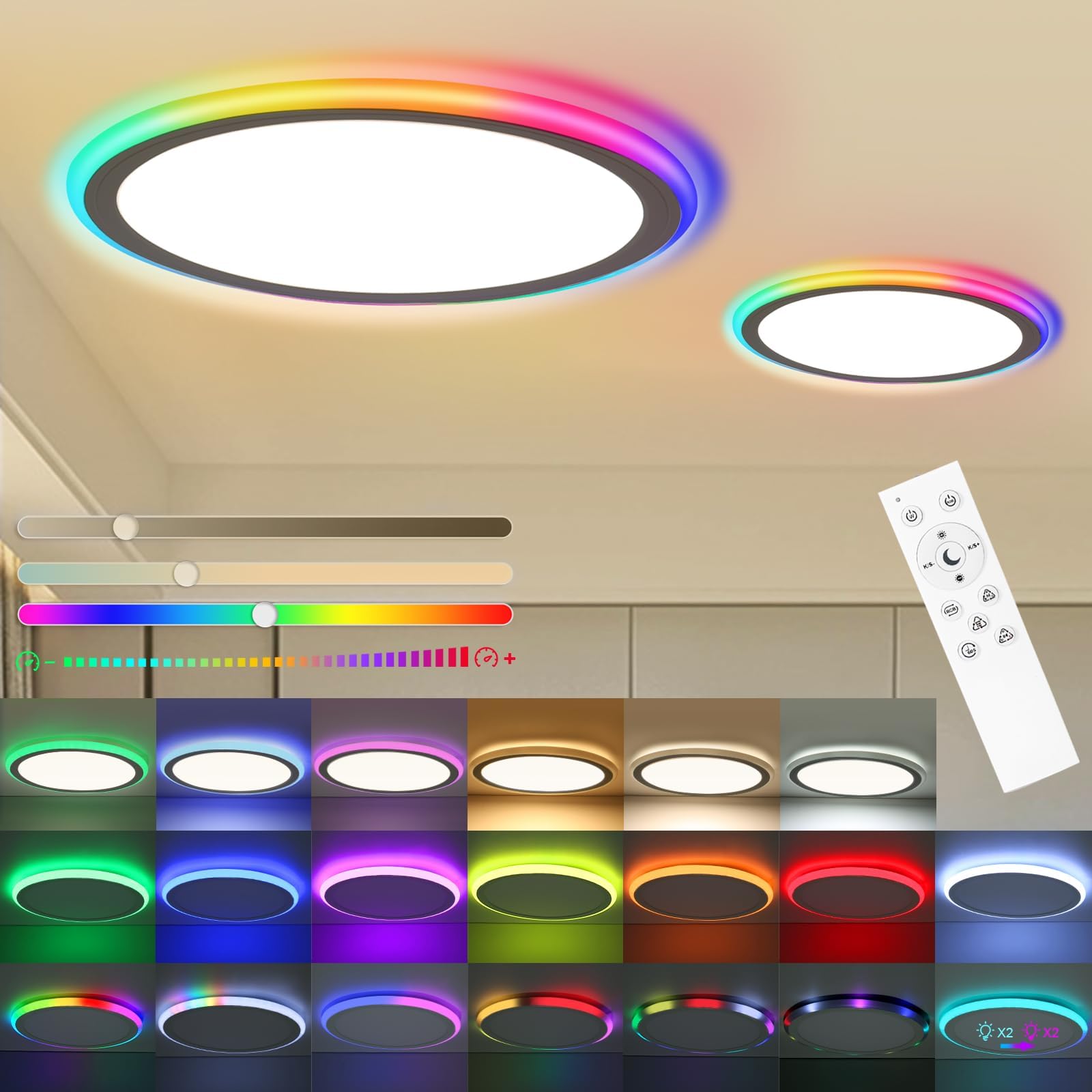 Marfete 2Pcs RGB Flush Mount LED Ceiling Light Dimmable with Remote ...