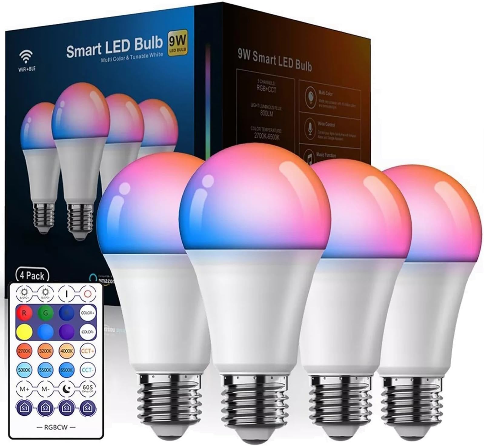 Foco Inteligente Wifi, 4pcs 9W Foco RGB Bluetooth, Multicolor Bombilla ...