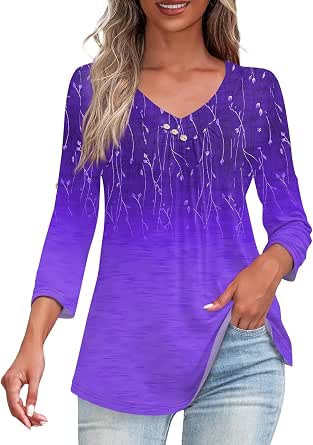 Amazon.com: Purple Womens Tops 3/4 Sleeve Tunic Button V Neck Women ...