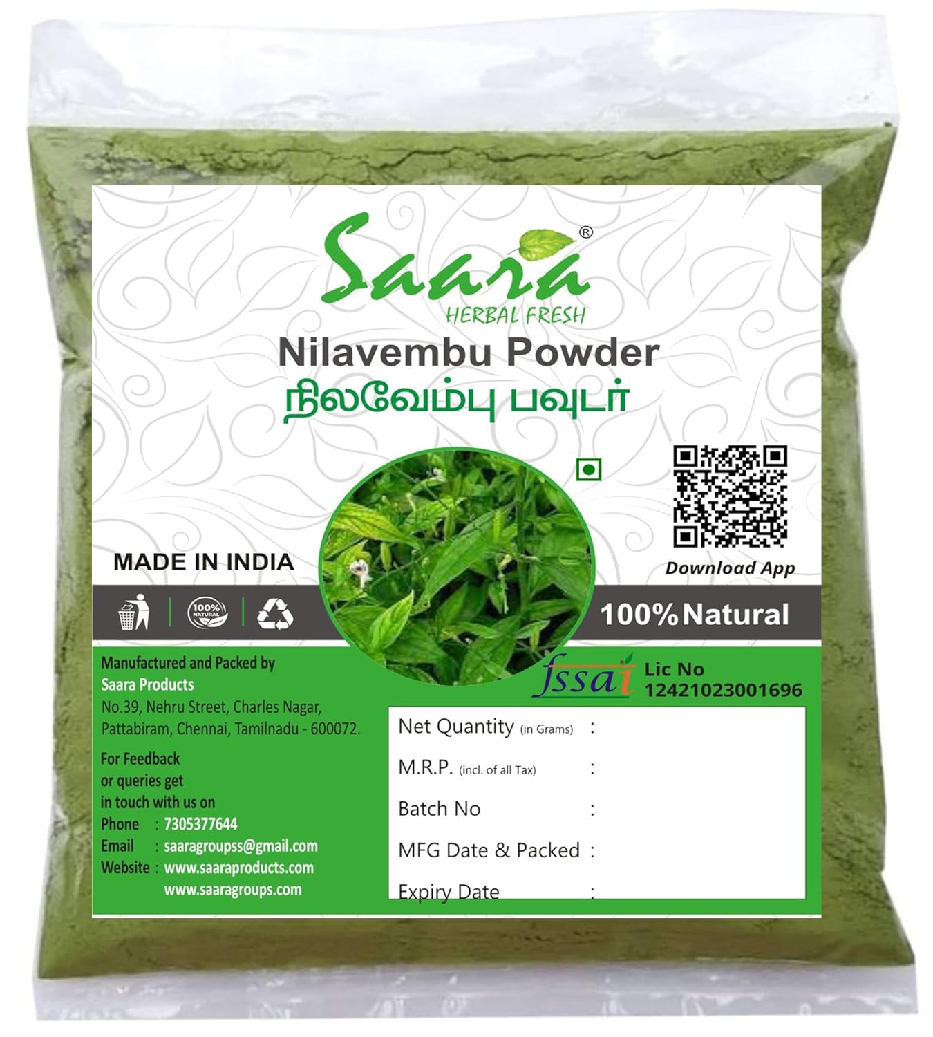 Buy Saara HERBAL FRESH Nilavembu Powder, Chirata, Kirayata,Kalmegh ...