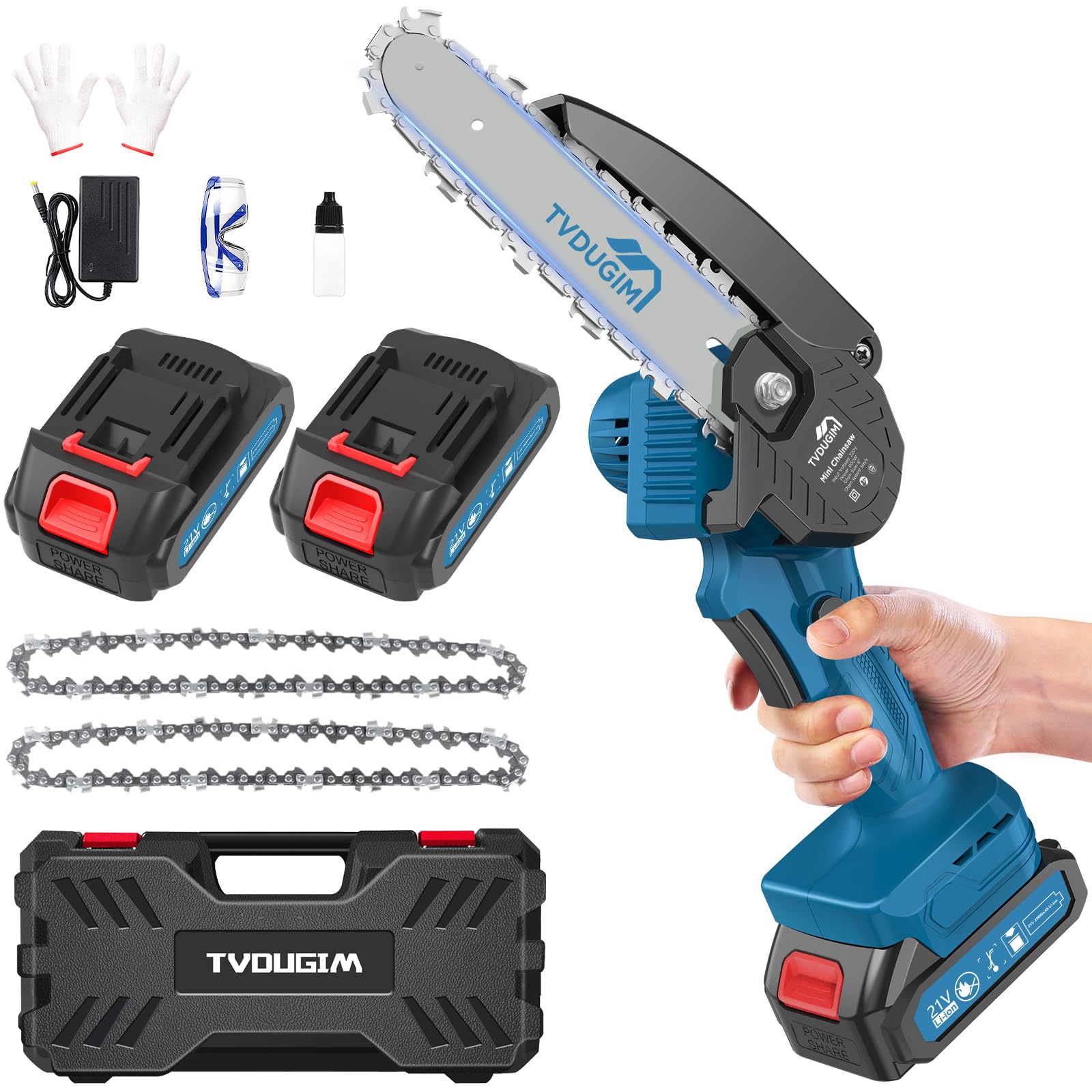Mini Chainsaw with Battery, 15 cm, Electric with 2 Batteries, Hand ...