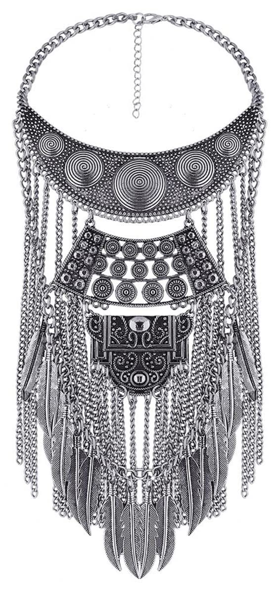 Long Tassel Chunky Boho Coin Statement Necklace For Women Silver (Style 2)