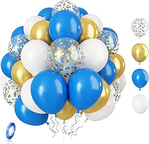 Amazon.com: Blue White and Gold Balloons, 60 PSC Blue and White Balloons Set with Blue Gold ...