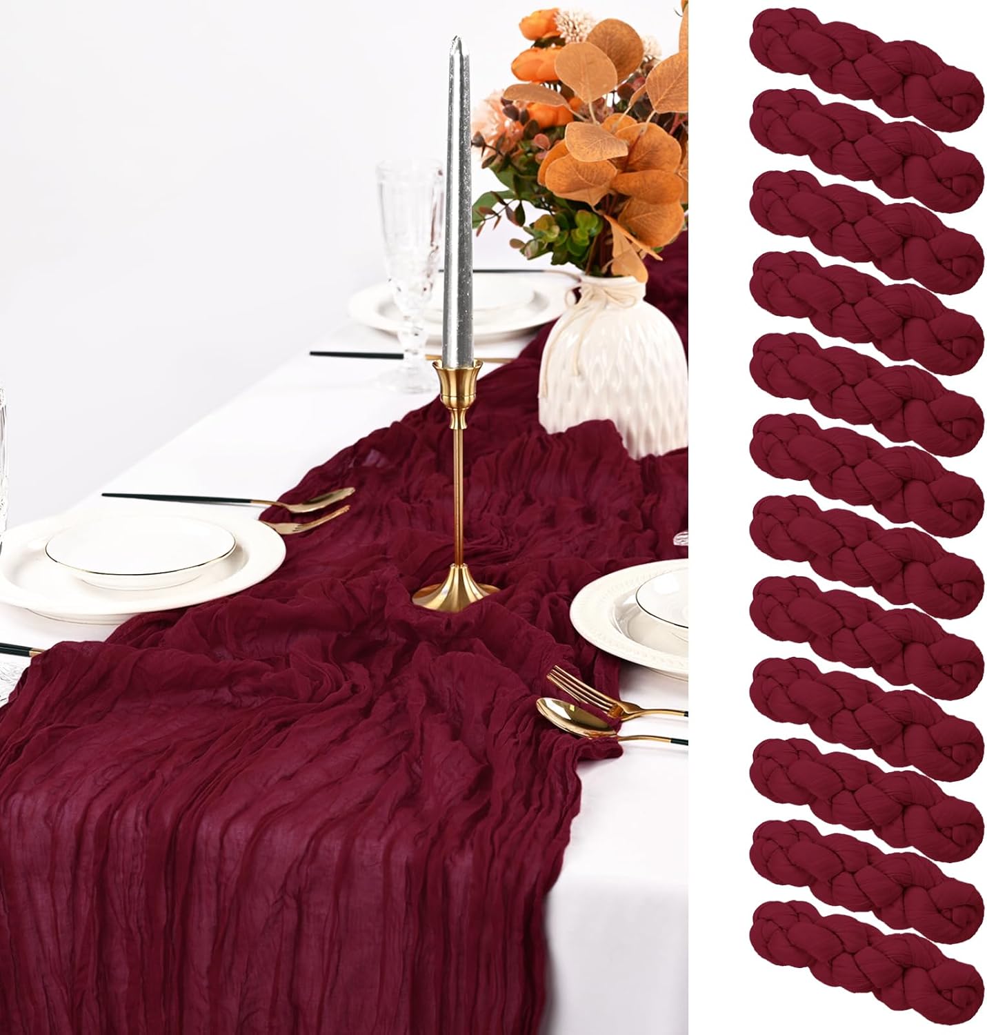 Amazon.com: 12 Pack Burgundy Table Runner, 10FT Cheesecloth Table ...