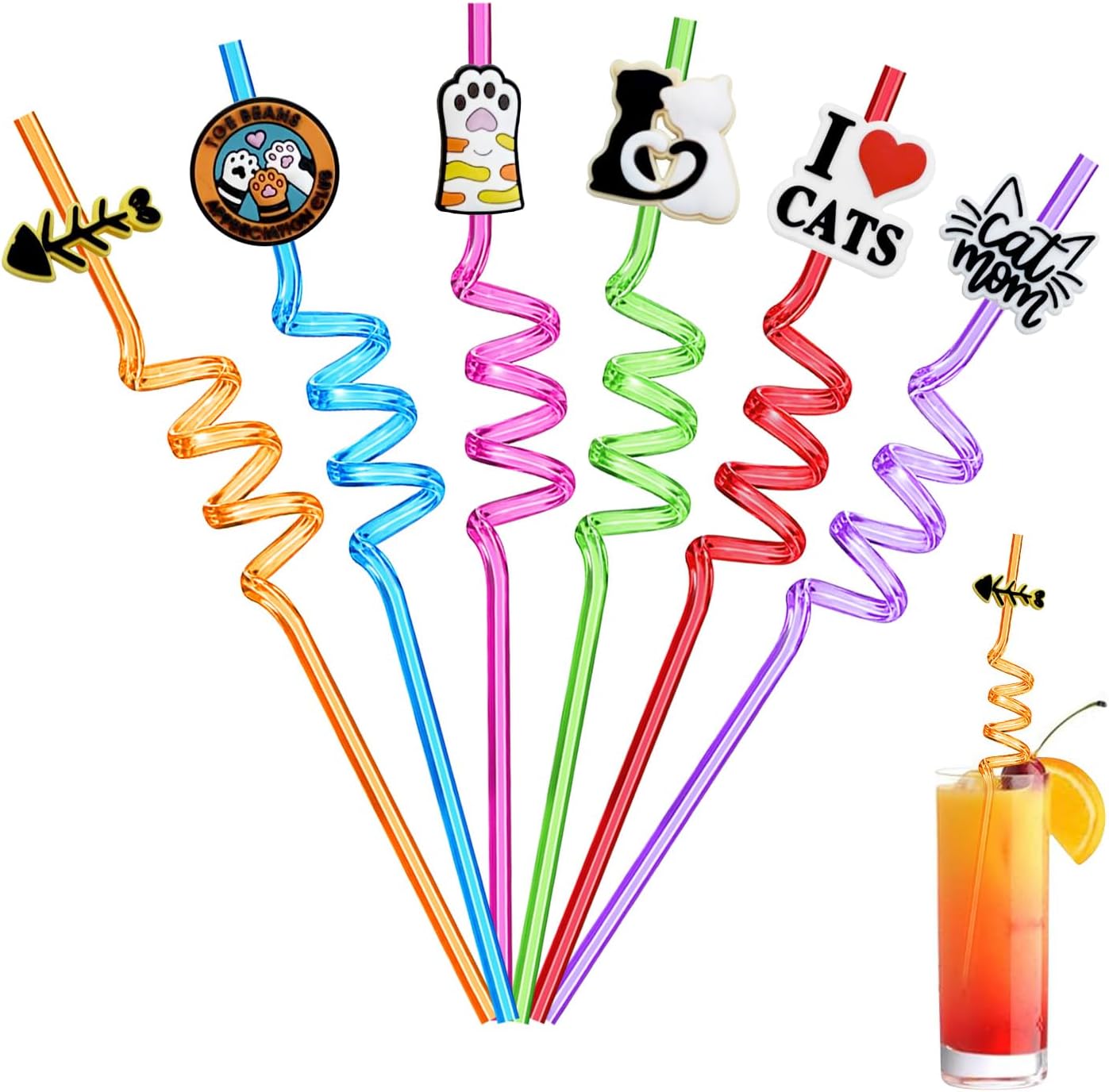 Ulife Mall Reusable Drinking Straws Novelty Cute Cat Decor Straw Curly ...