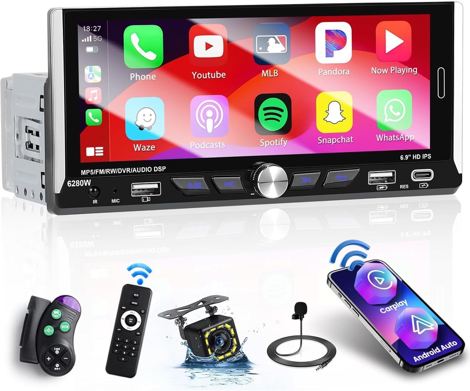 Amazon.com: Hikity 6.9 Inch Wireless Carplay Car Stereo Single Din Touchscreen Car Radio with ...