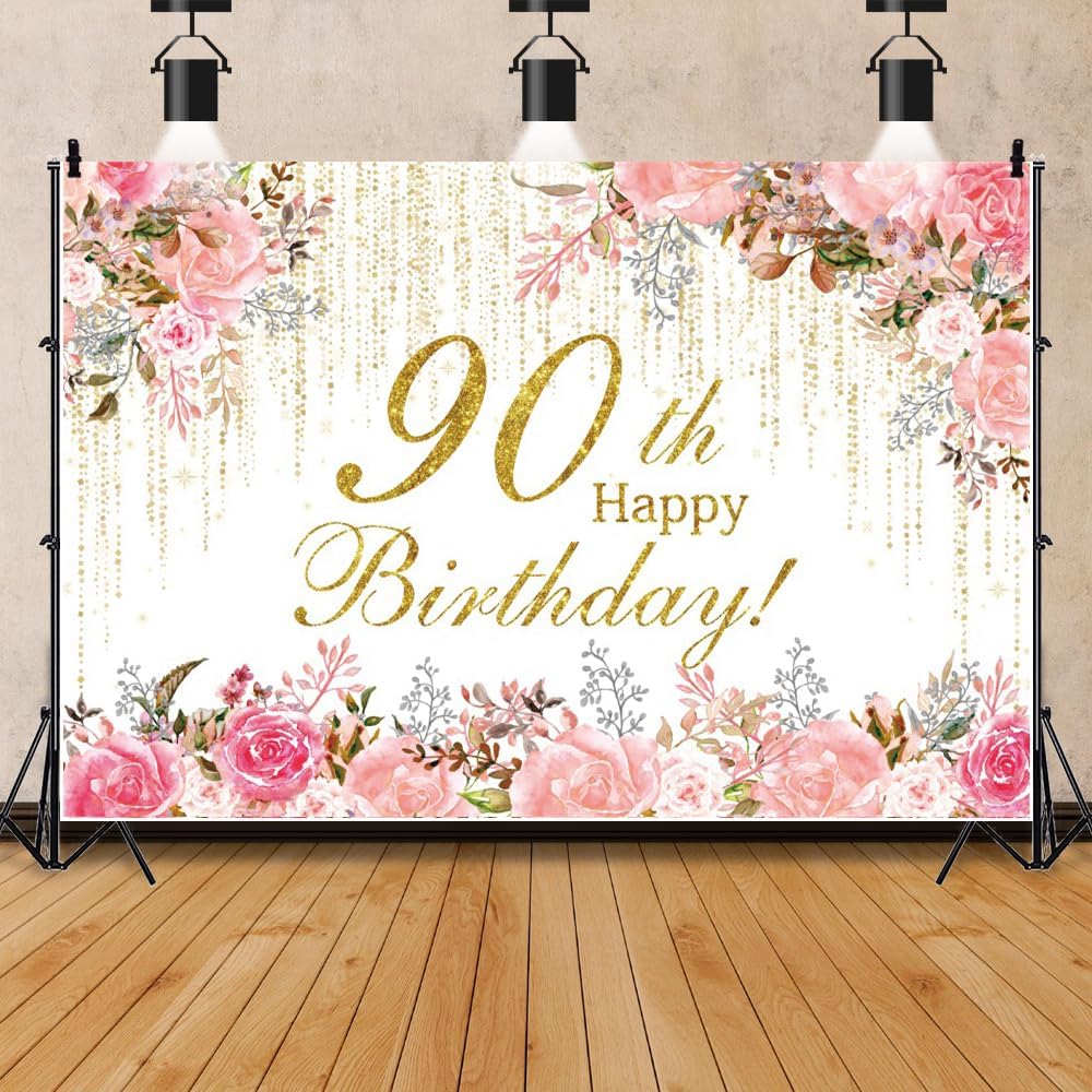 Amazon.com : 90th Birthday Banner for Women Pink Happy Birthday ...