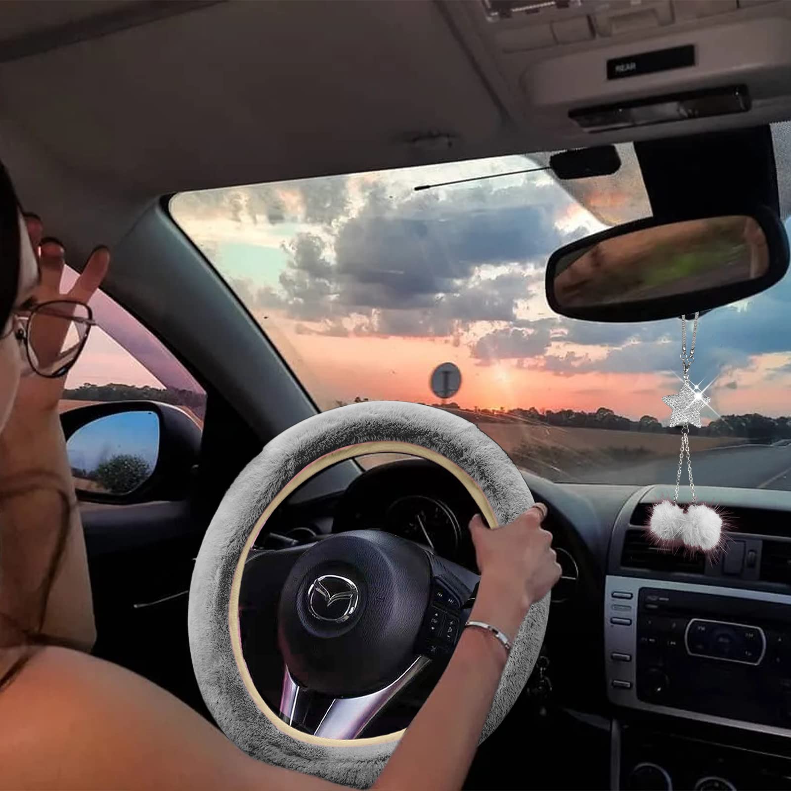 Snapklik.com : 9 Pieces Fluffy Car Accessories Set Fluffy Steering ...