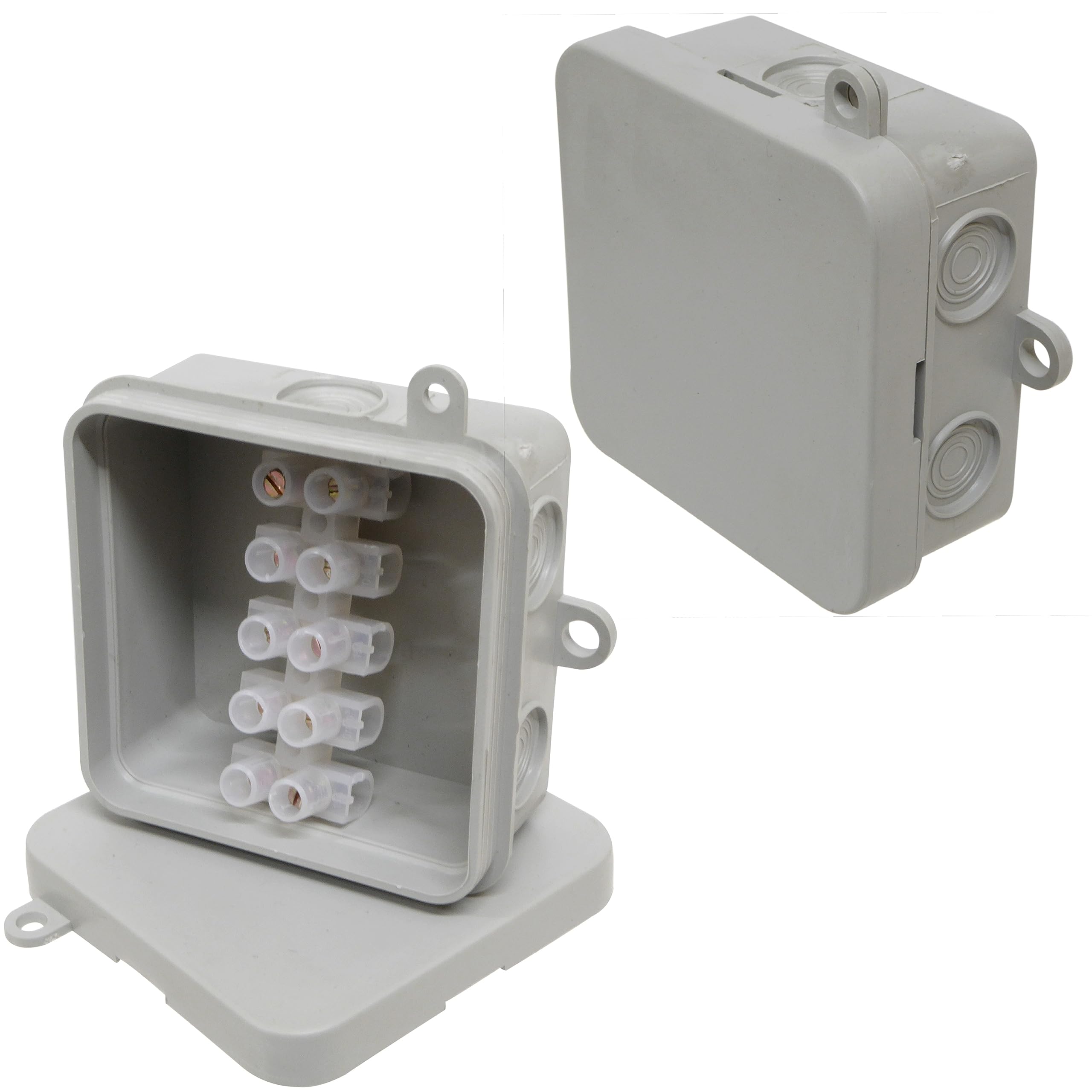 2x IP44 Junction Box with Push on Lid and 15A 5 Way Strip Connector for ...