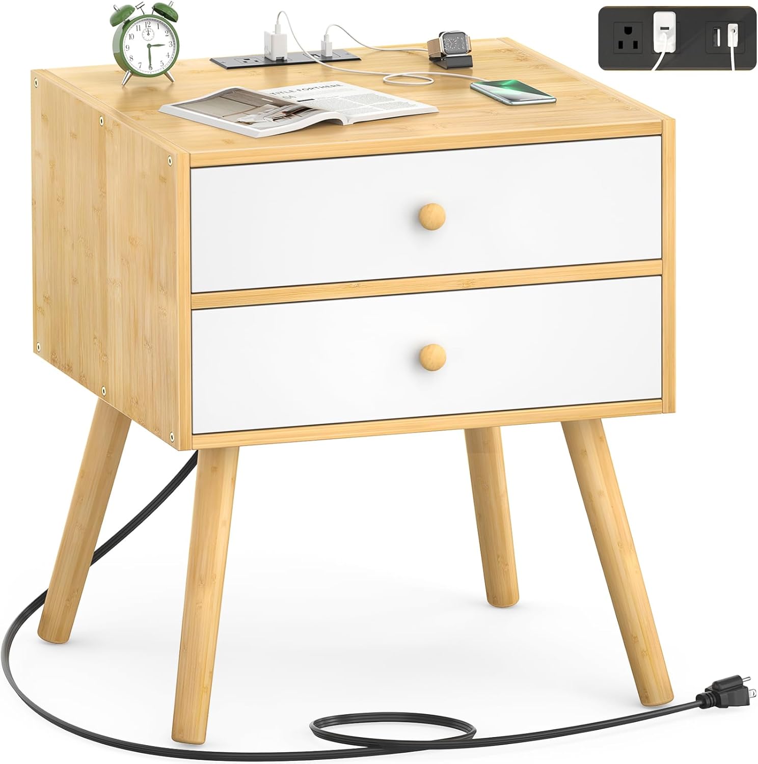 Amazon.com: Homykic Large Bamboo Nightstand with Charging Station, Mid ...